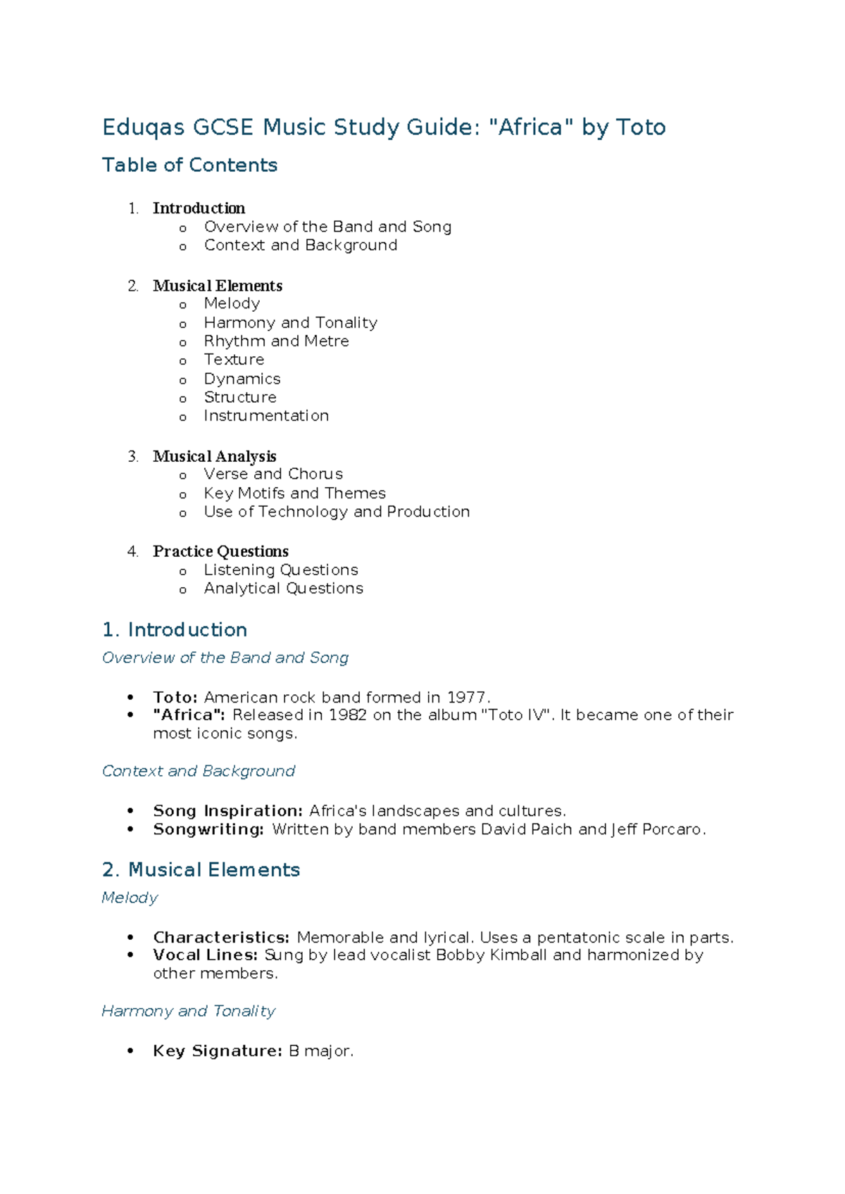 Eduqas GCSE Music Study Guide - Introduction o Overview of the Band and Song o Context and - Studocu