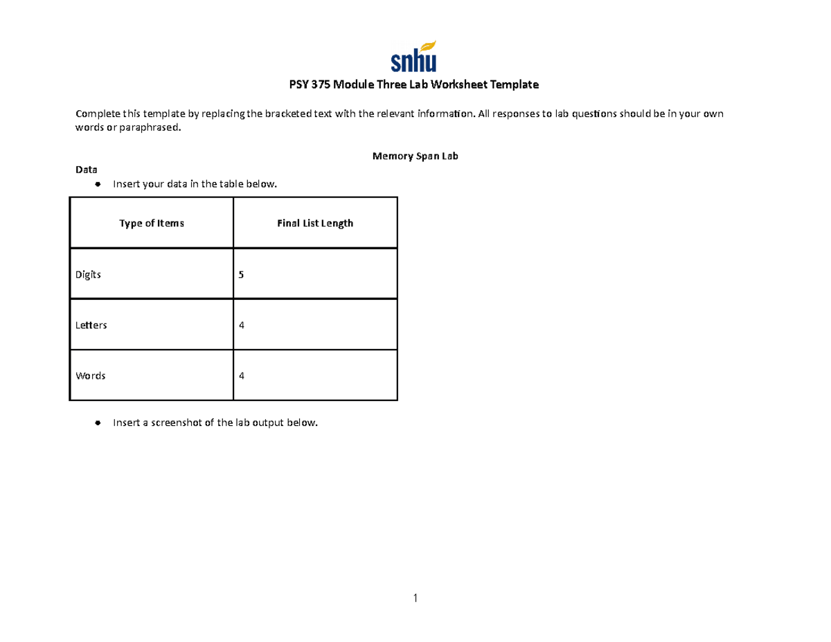 PSY 375 Module Three Lab Worksheet Template - PSY 375 Module Three Lab ...