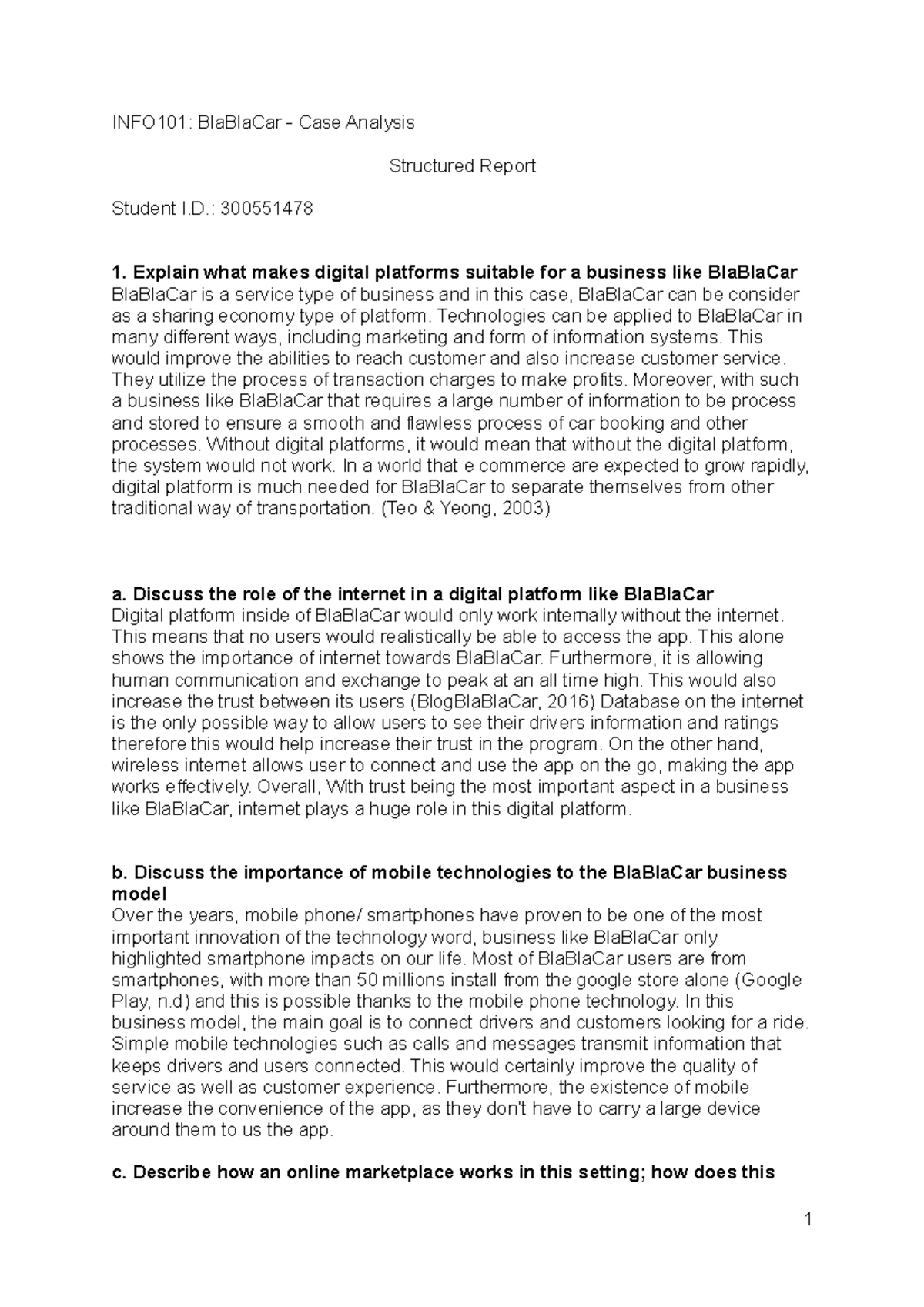 INFO101 Student 1D Report Template - INFO101: BlaBlaCar - Case Analysis ...