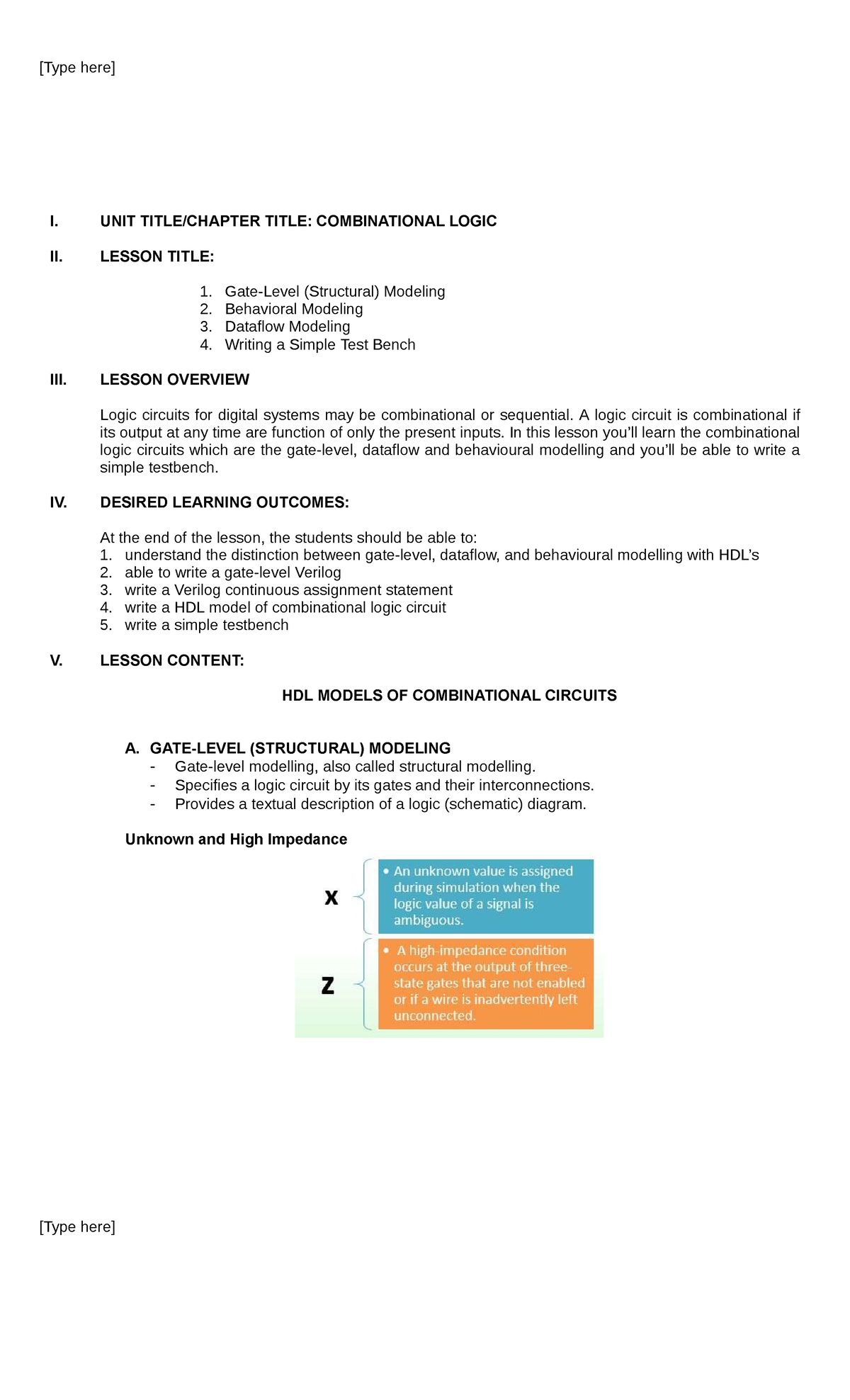 Module 2- Combinational Circuit - I. UNIT TITLE/CHAPTER TITLE: COMBINATIONAL LOGIC II. LESSON ...