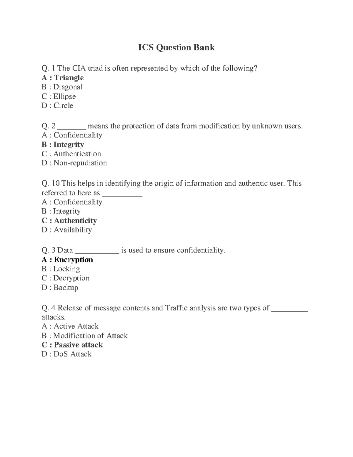 ICS Question Bank - 1 The CIA triad is often represented by which of ...