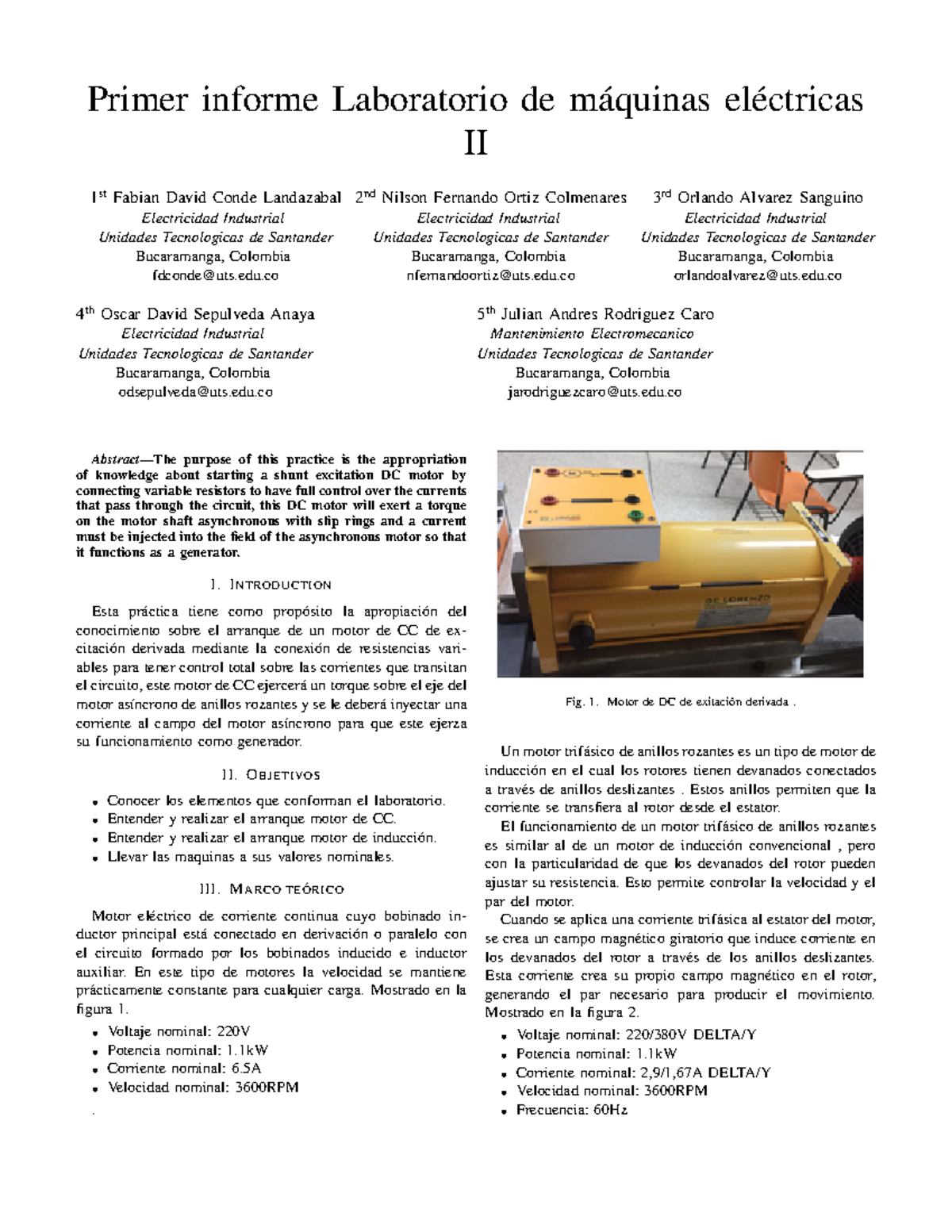 Informe Lab Máquinas 2 (1) - Primer informe Laboratorio de m ́aquinas el ́ectricas II 1 st ...