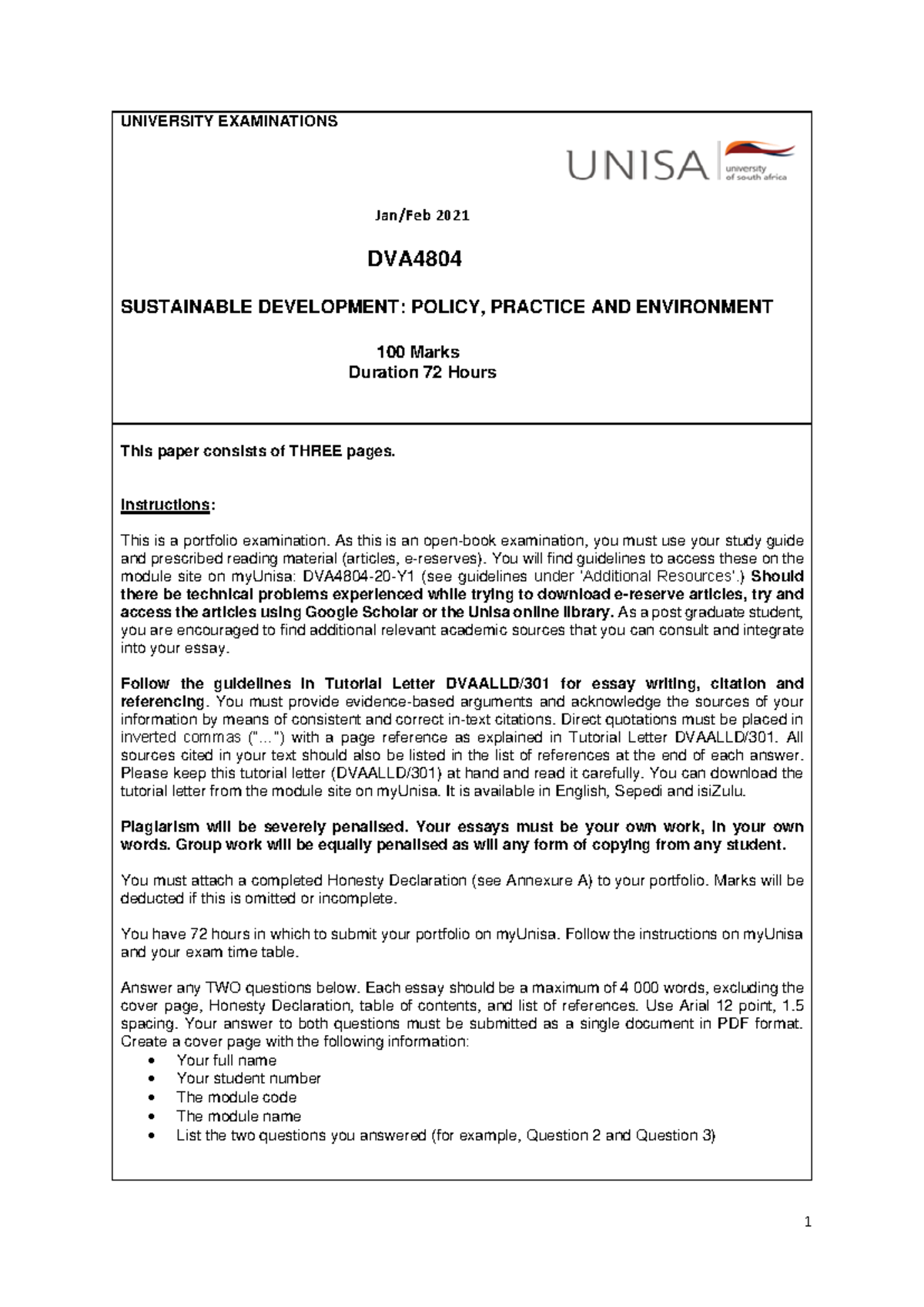 DVA4804 Examination - Exam papers - 1 UNIVERSITY EXAMINATIONS Jan/Feb ...