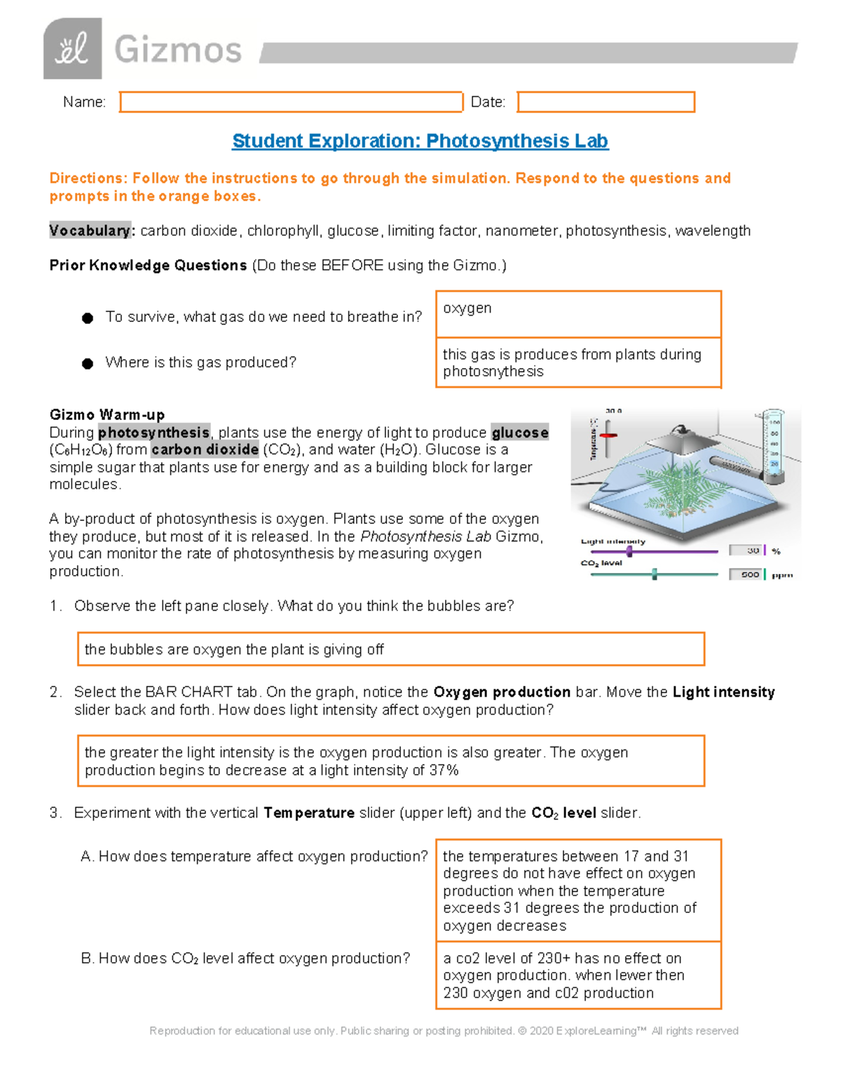 Copy of Photosynthesis Lab SE - Name: Date: Student Exploration ...