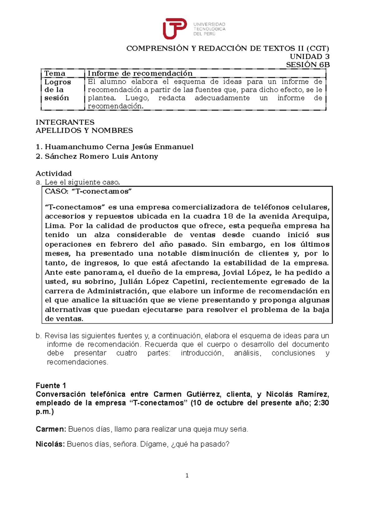 U3 S6B Informe de recomendación (T-conectamos)15 Resuelto - Comprensión y redacción de textos ...