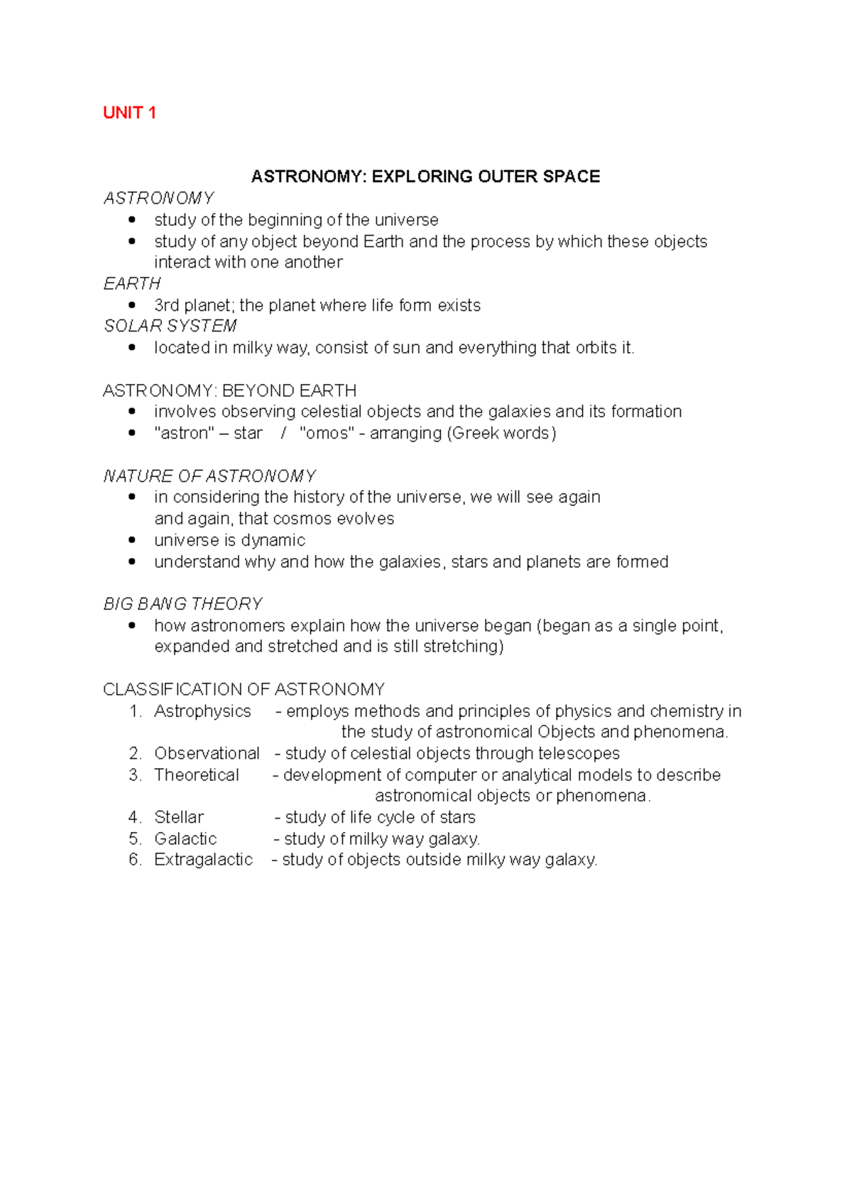 Astronomy midterms coverage - UNIT 1 ASTRONOMY: EXPLORING OUTER SPACE ...