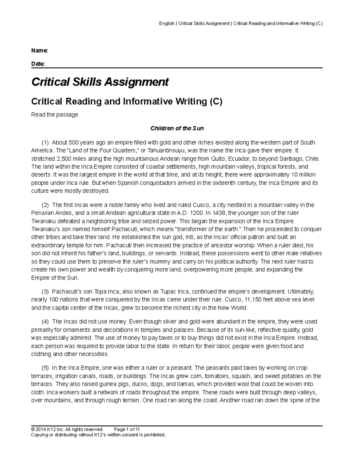 8th grade Timed write essay - Name: Date: Critical Skills Assignment ...