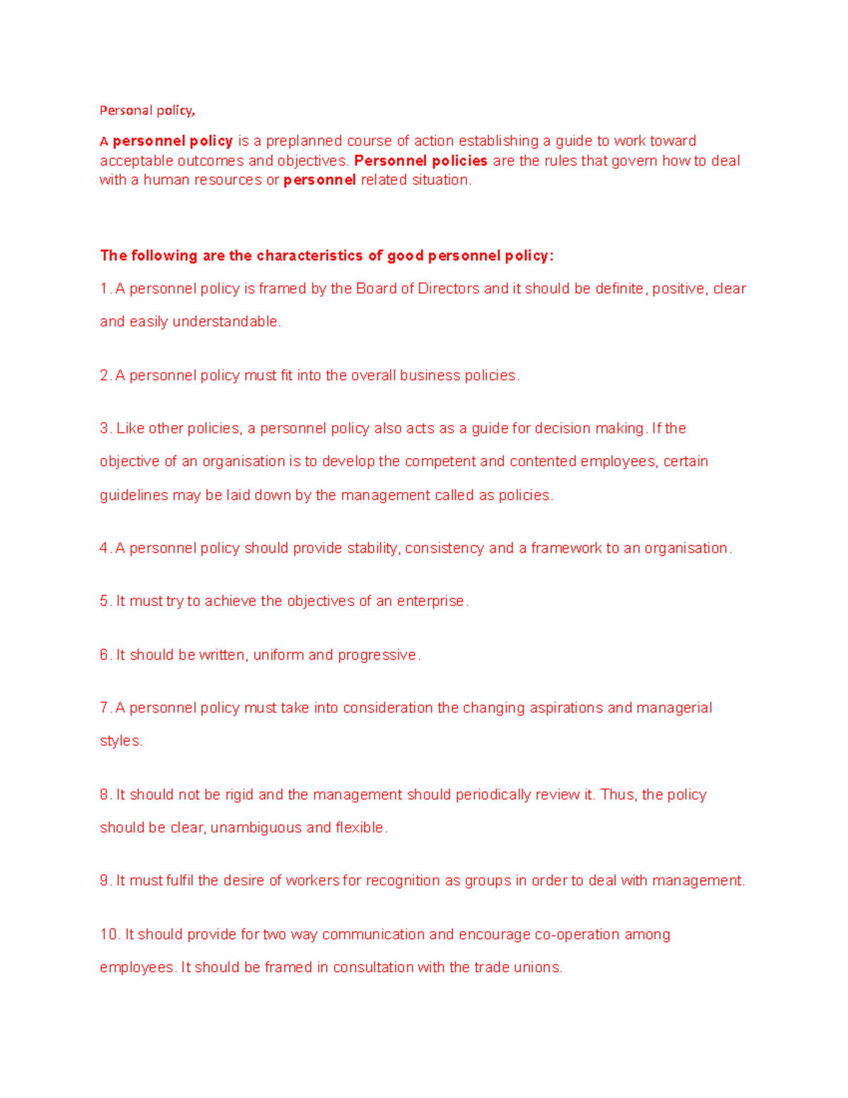 Personal policy - Lecture notes 1.2 - Personal policy, A personnel ...