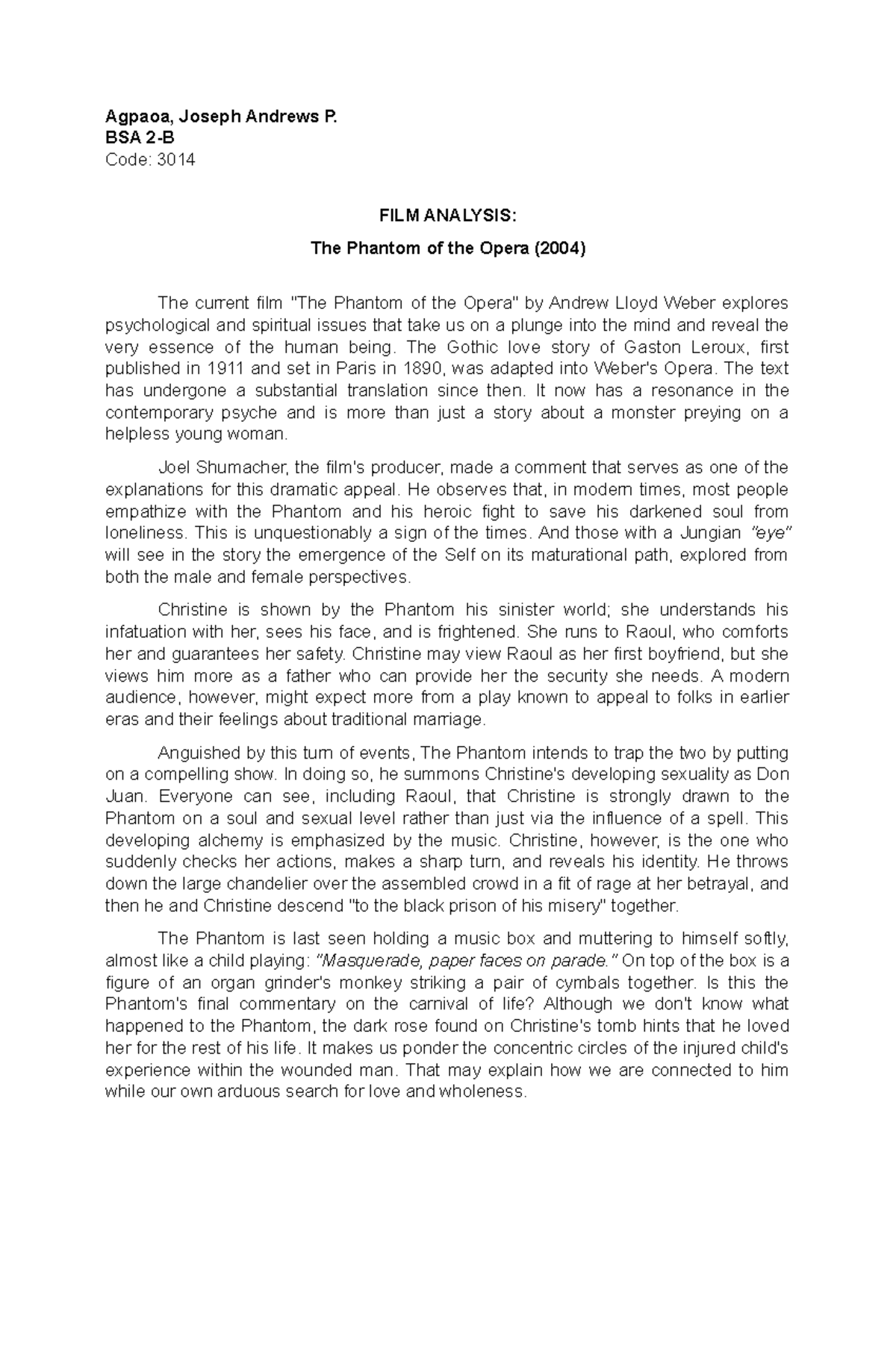 Phantom of the Opera Analysis - Agpaoa, Joseph Andrews P. BSA 2-B Code ...