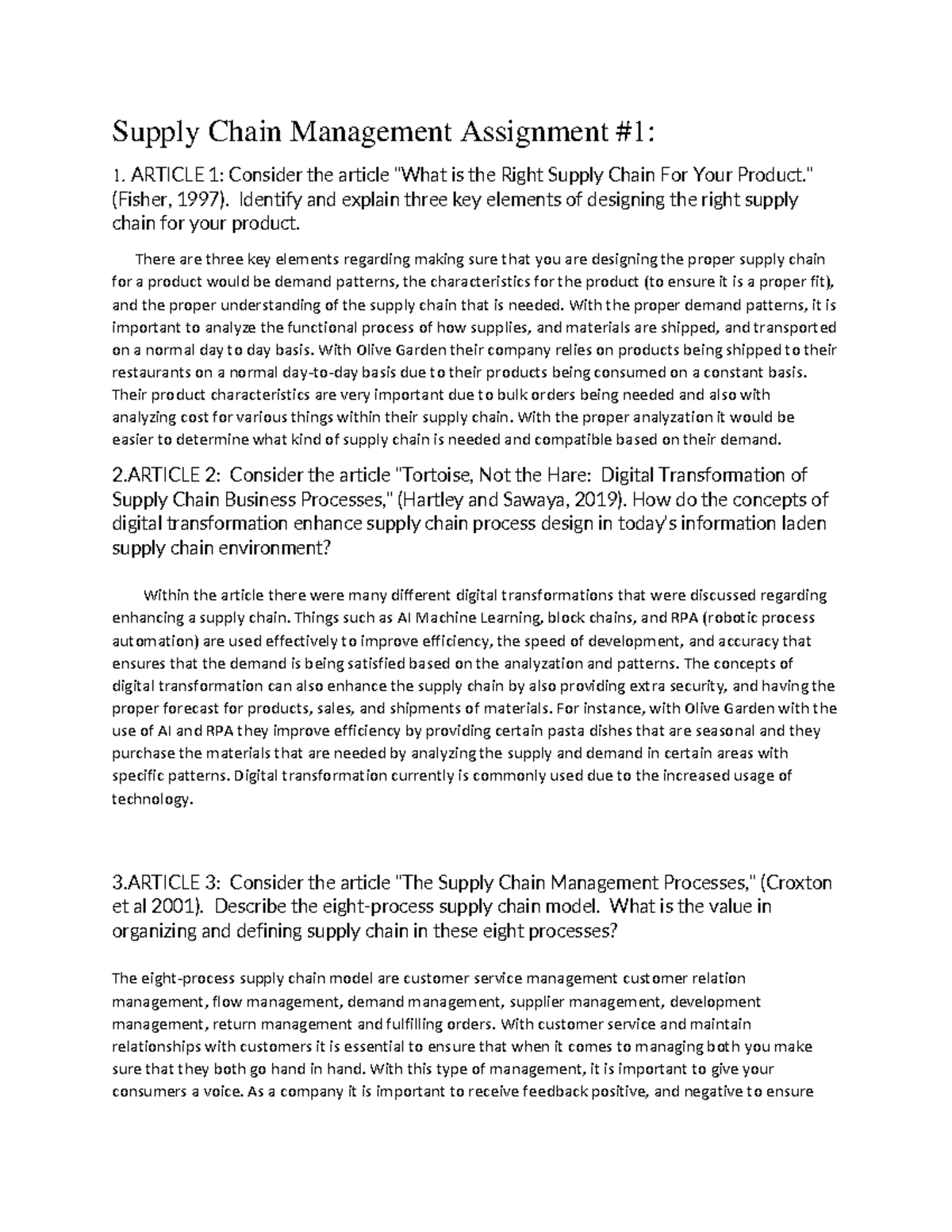 Supply Chain Management Assignment #1 - ARTICLE 1: Consider the article ...