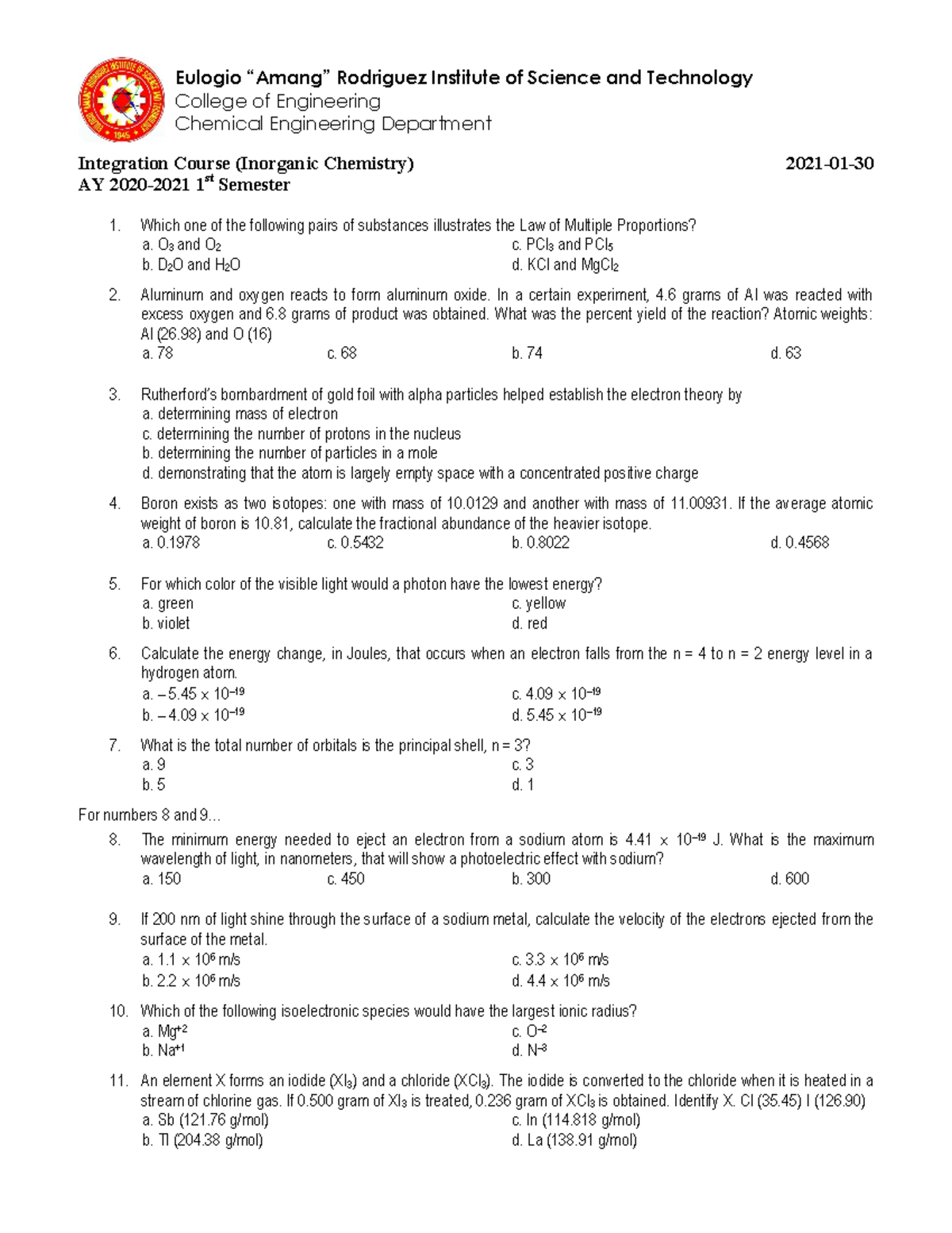 2021-01-30 Earist-Integration Course - Inorganic Chemistry Problems ...