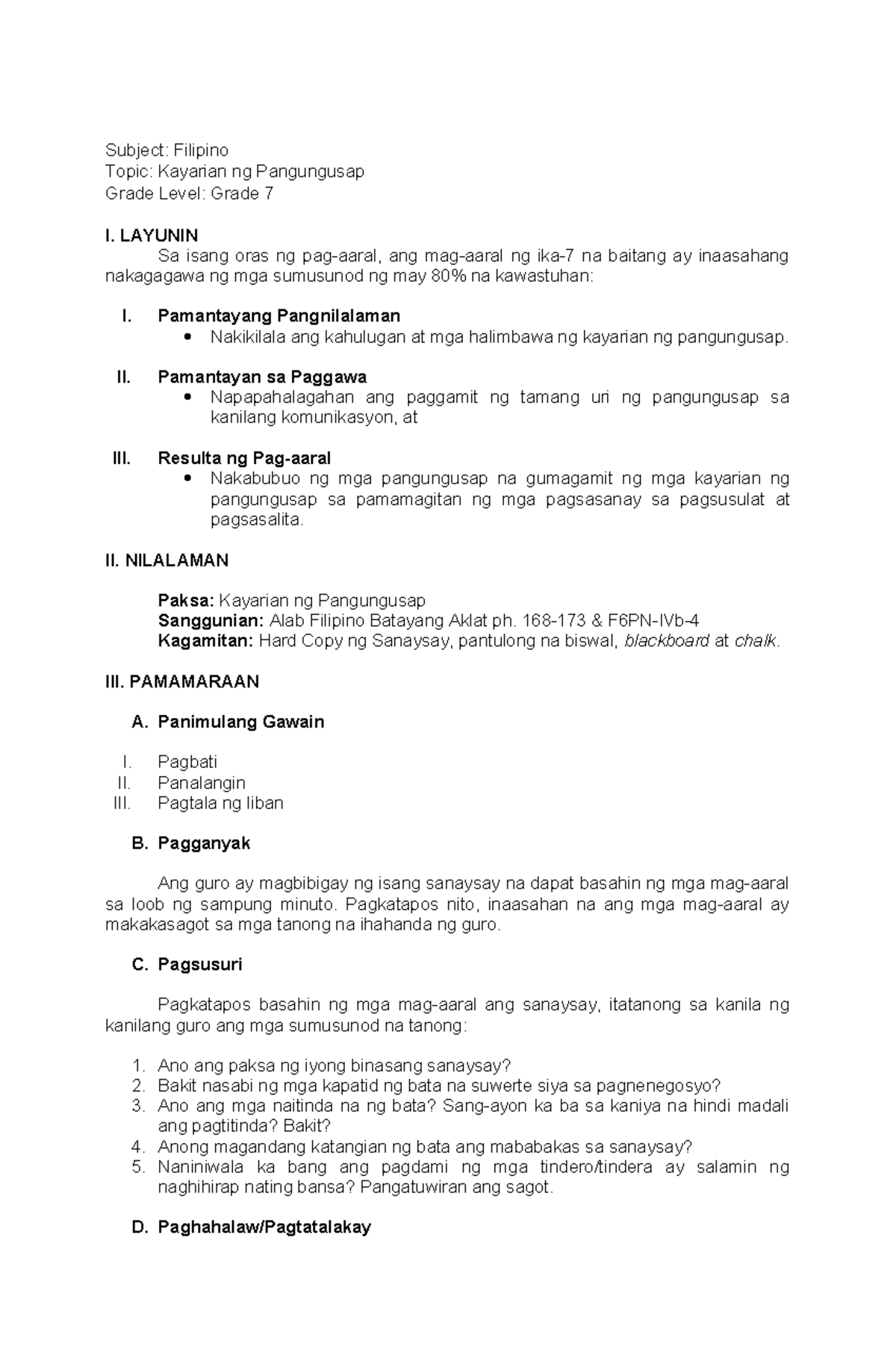 Di-Masusuing Banghay Aralin Sa Filipino 7 - Subject: Filipino Topic ...