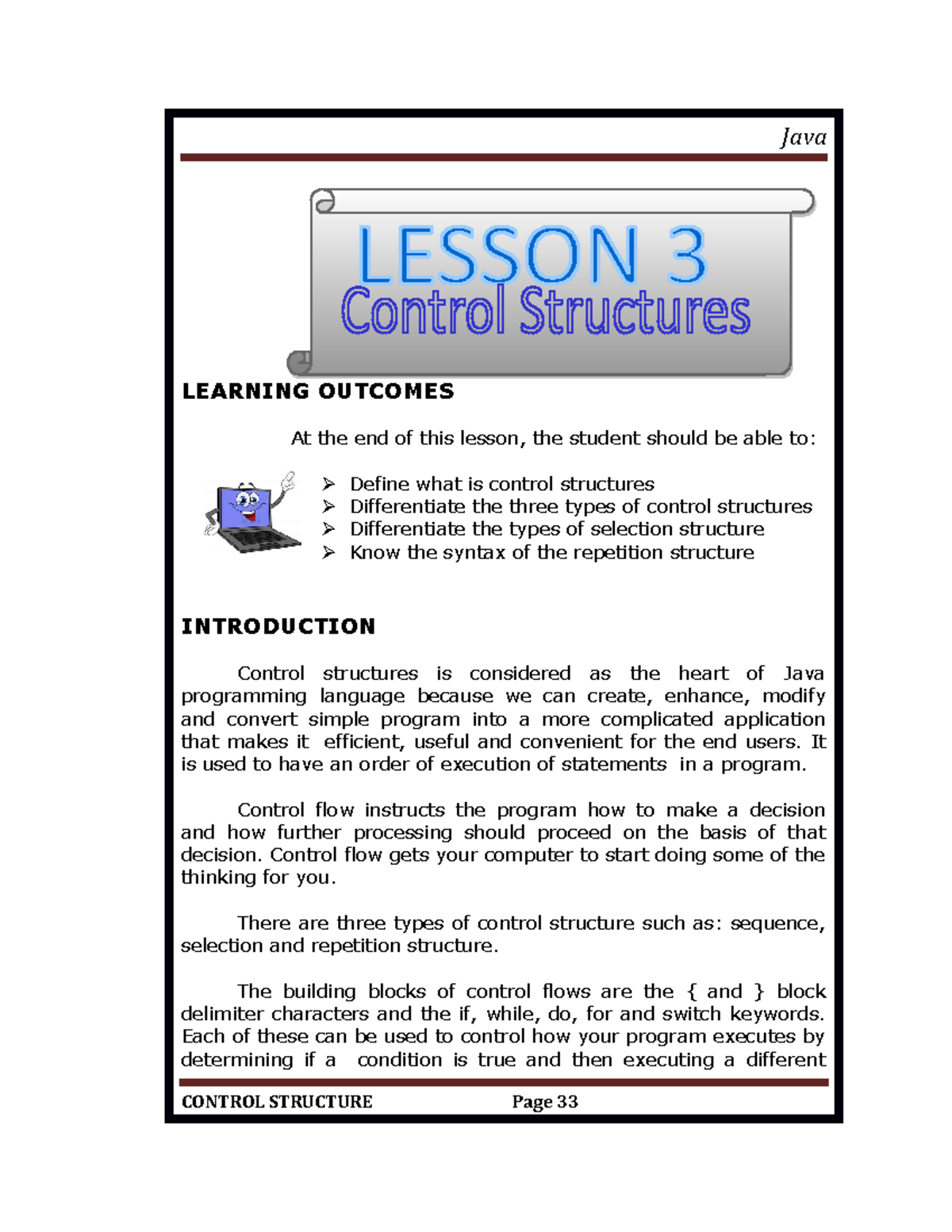 Lesson 3 Control.Student - LEARNING OUTCOMES At the end of this lesson, the student should be ...