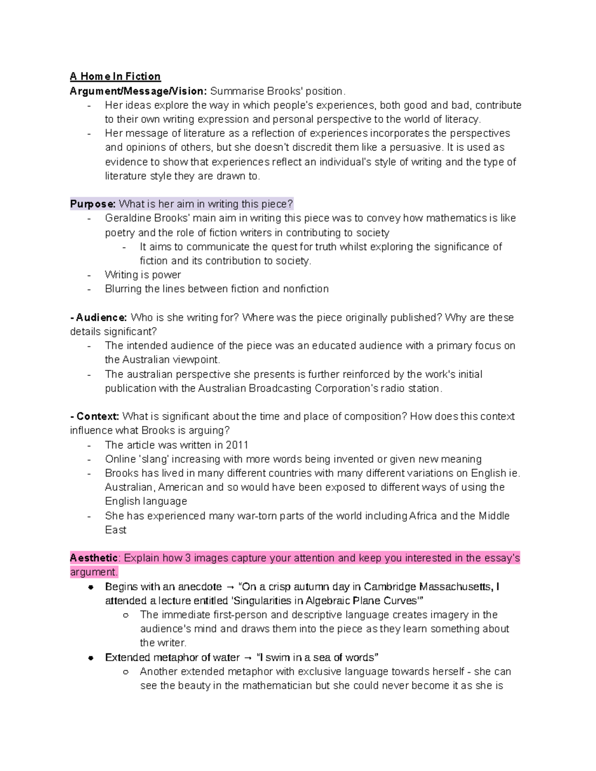 A Home In Fiction Group Notes - A Home In Fiction Argument/Message ...