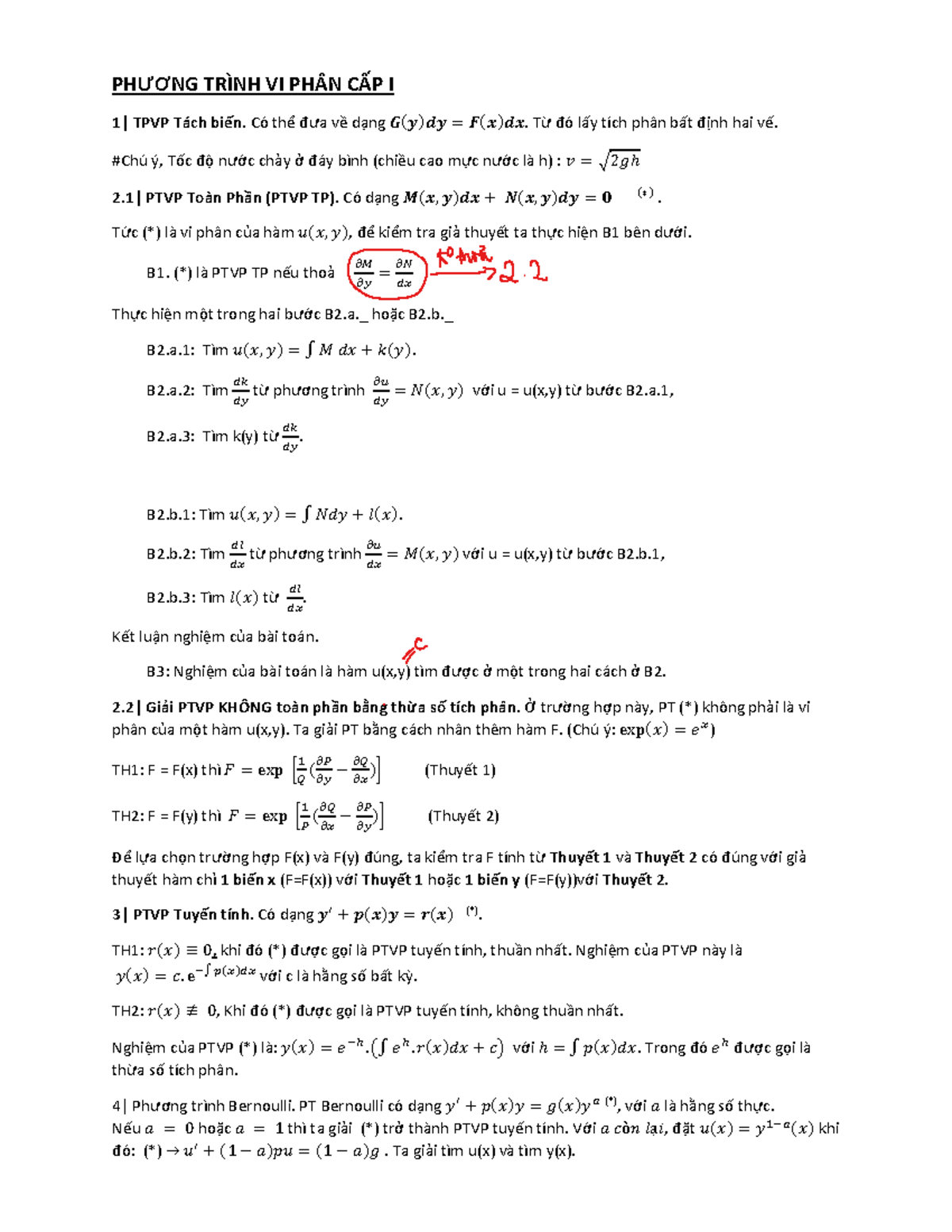TÓM TẮC LT TOÁN NÂNG CAO - KT GK - PHƯƠNG TRÃNH VI PH¬N CẤP I 1| TPVP T·ch biến. CÛ thể đưa về ...