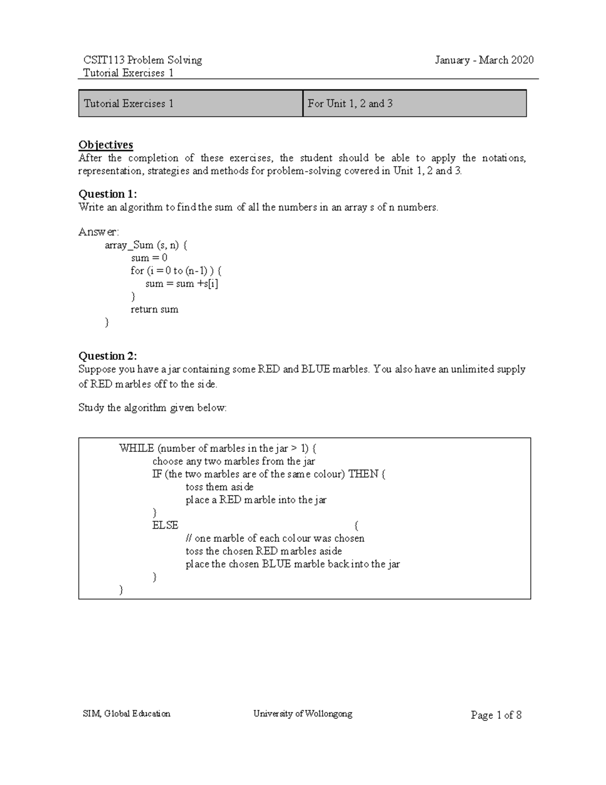 CSIT113 2020S1 Tutorial 1 Q Solution - CSIT113 - UOW - Studocu