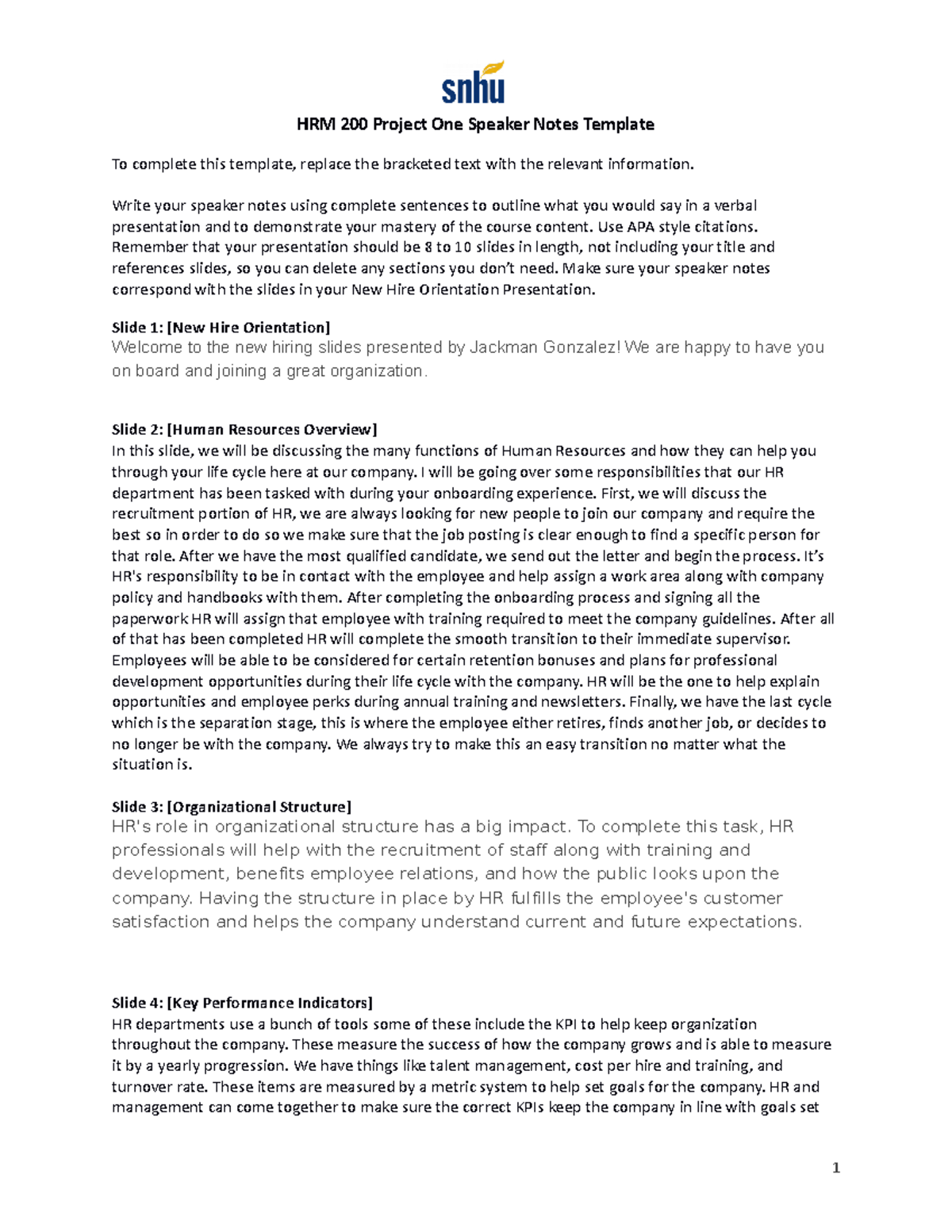 HRM 200 Project One Speaker Notes Template - Write your speaker notes ...