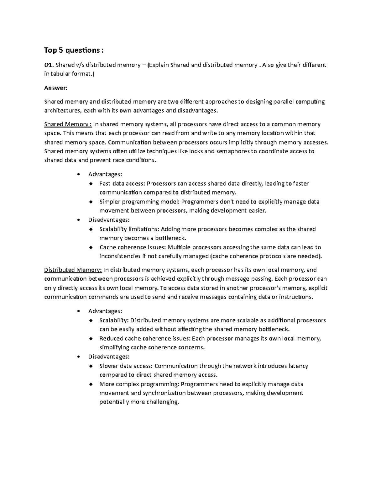 PDC Question Bank - Top 5 questions : O1. Shared v/s distributed memory ...