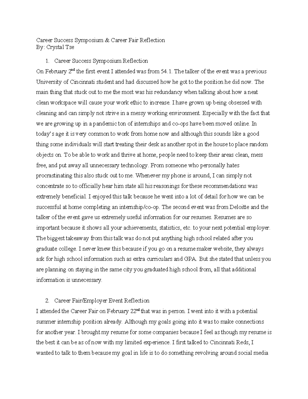 Career Success Symposium & Career Fair Reflection- Crystal Tse - Career ...