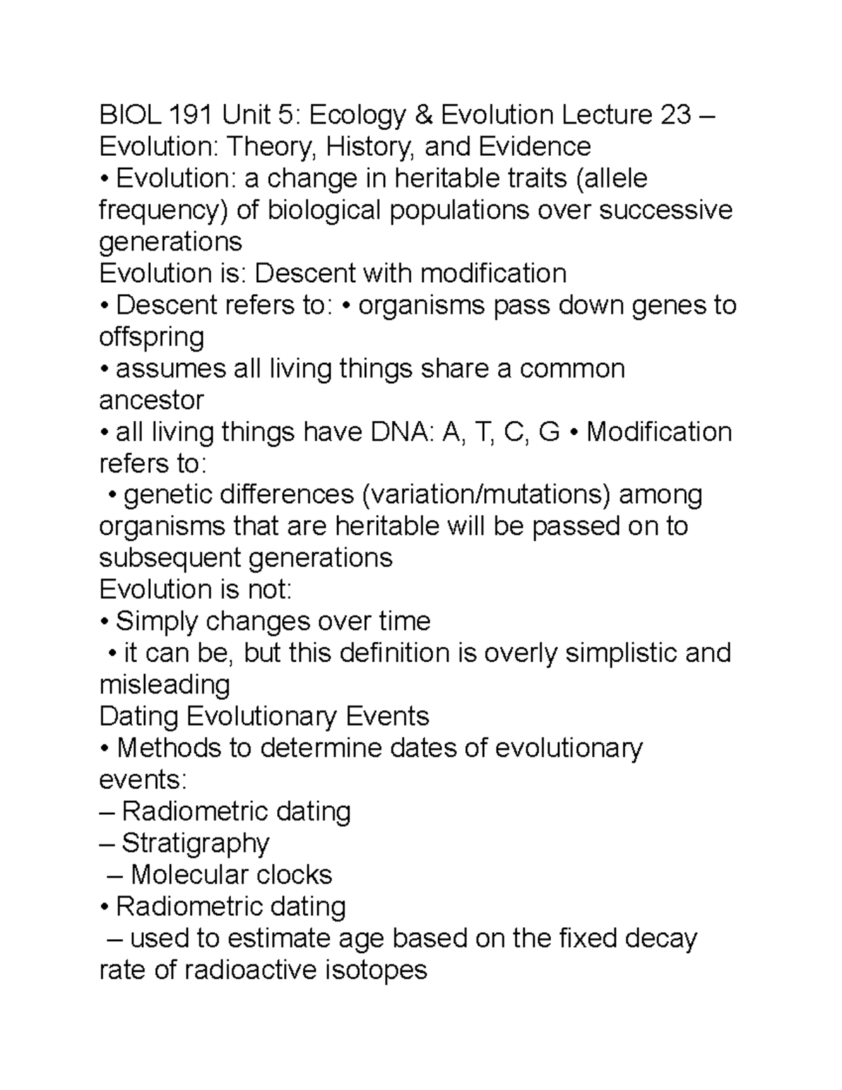 Bio 191 - Evolution: Theory, History, and Evidence - BIOL 191 Unit 5 ...