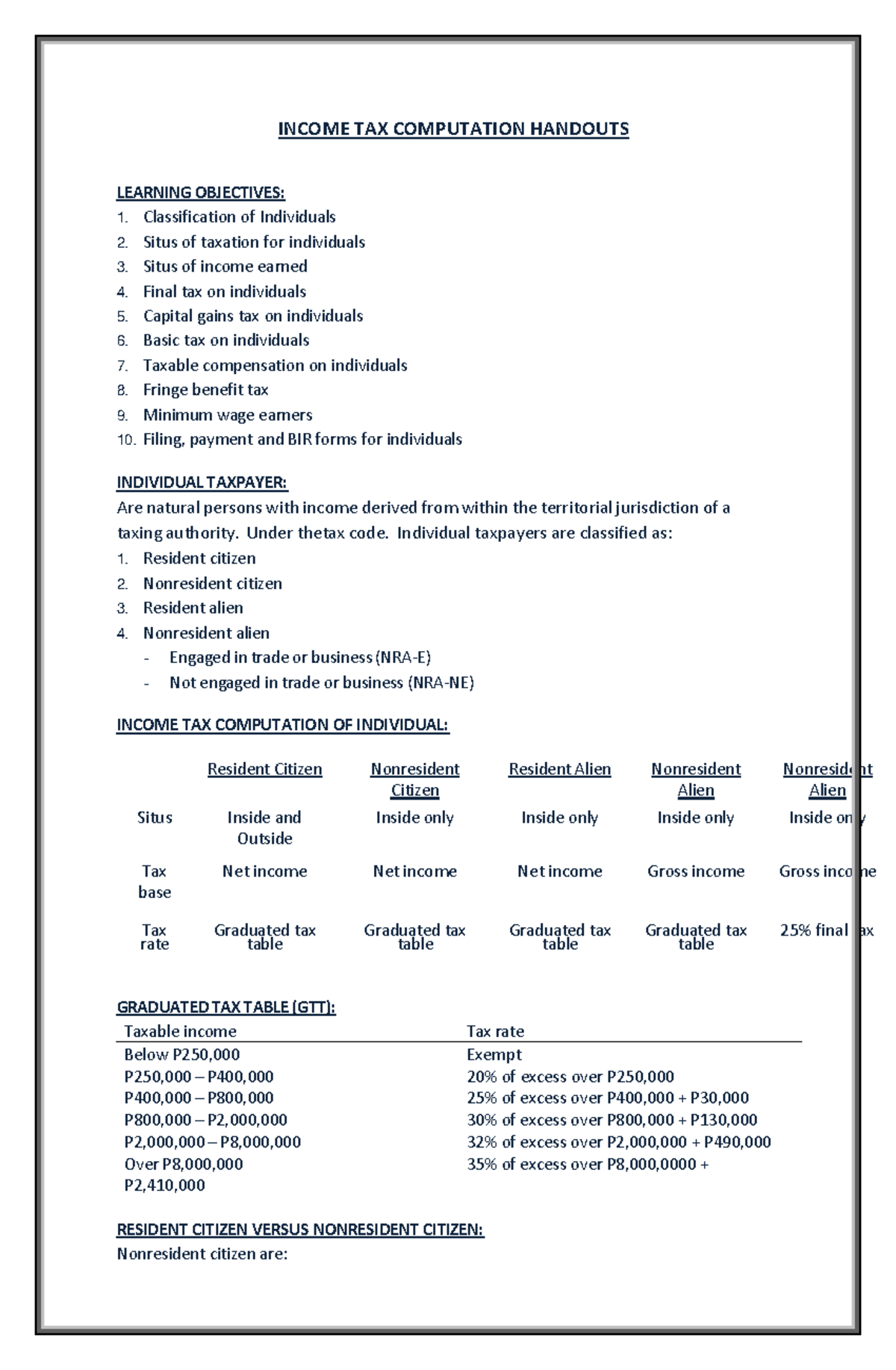 Income TAX Computation Handouts - INCOME TAX COMPUTATION HANDOUTS ...