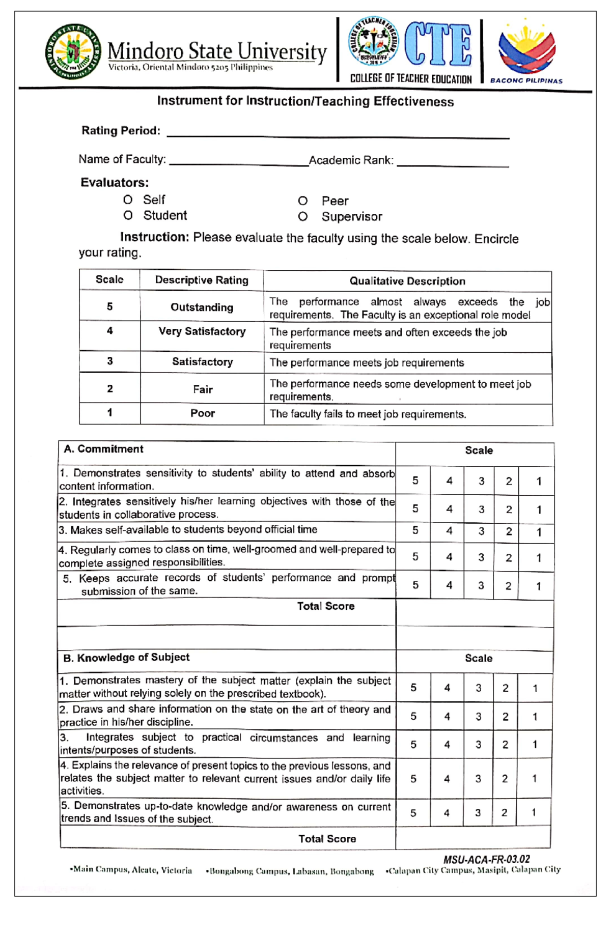 QCE Faculty Evaluation Sheets - BS Secondary Education - Studocu