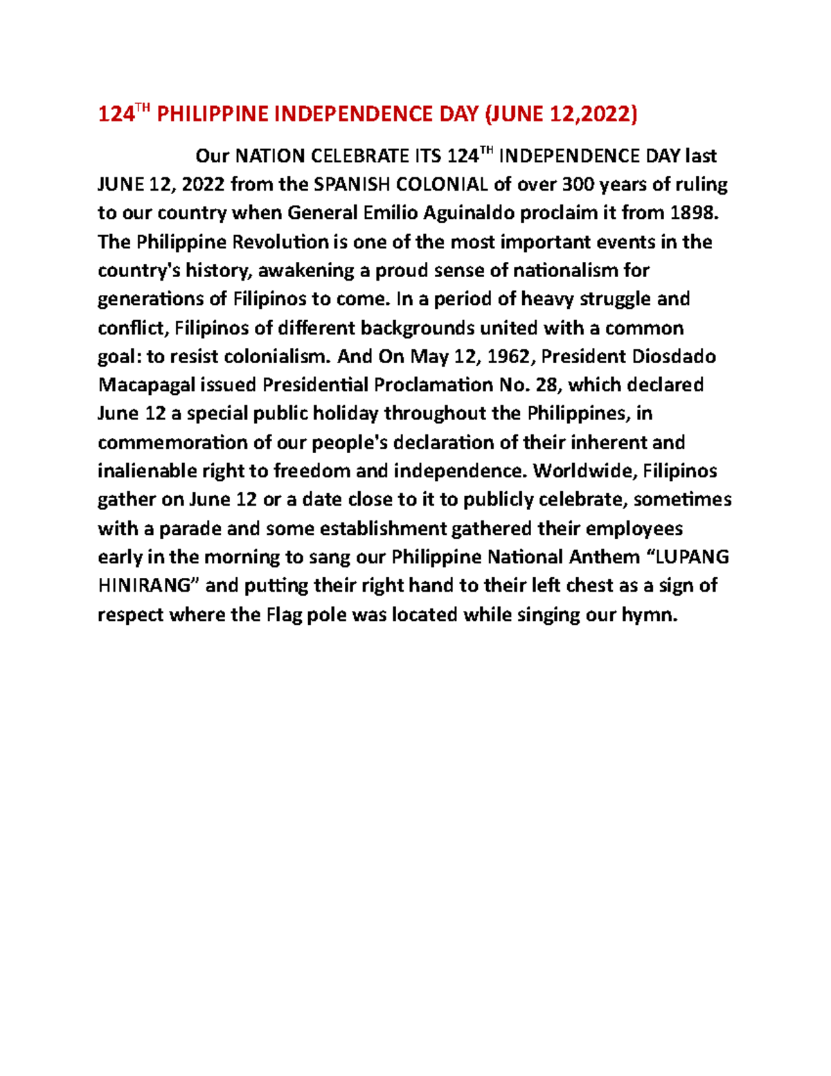 124TH Philippine Independence DAY - 124 TH PHILIPPINE INDEPENDENCE DAY ...