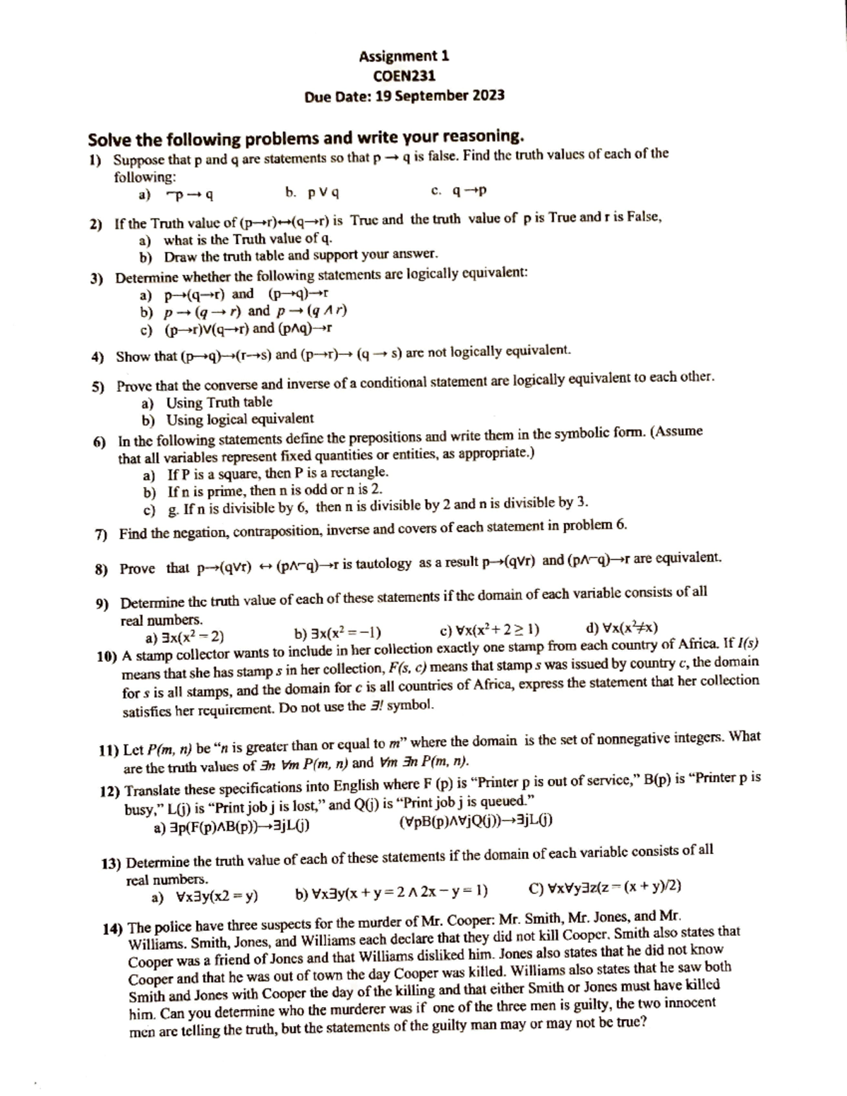 Coen 231 assignment 1 - Assignment 1 COEN Due Date: 19 September 2023 ...