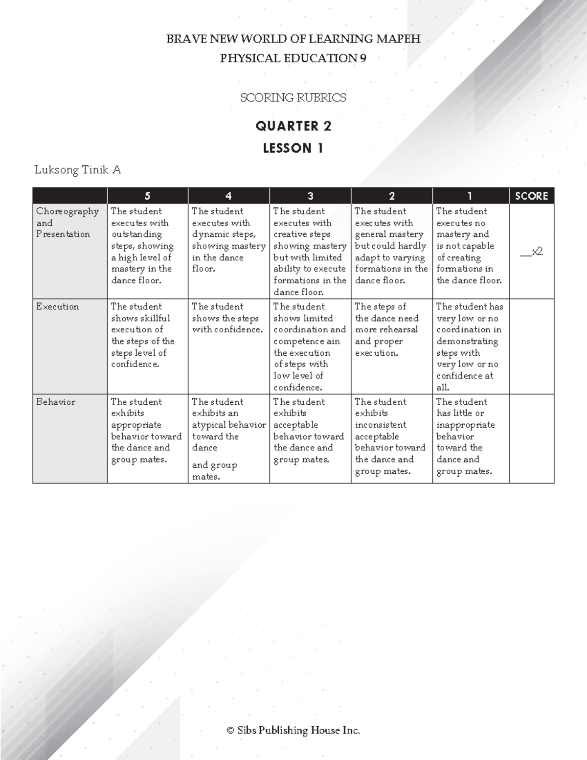 BNW Mapeh G9 TWE Q2 PE L1 Rubrics for QR - © Sibs Publishing House Inc ...