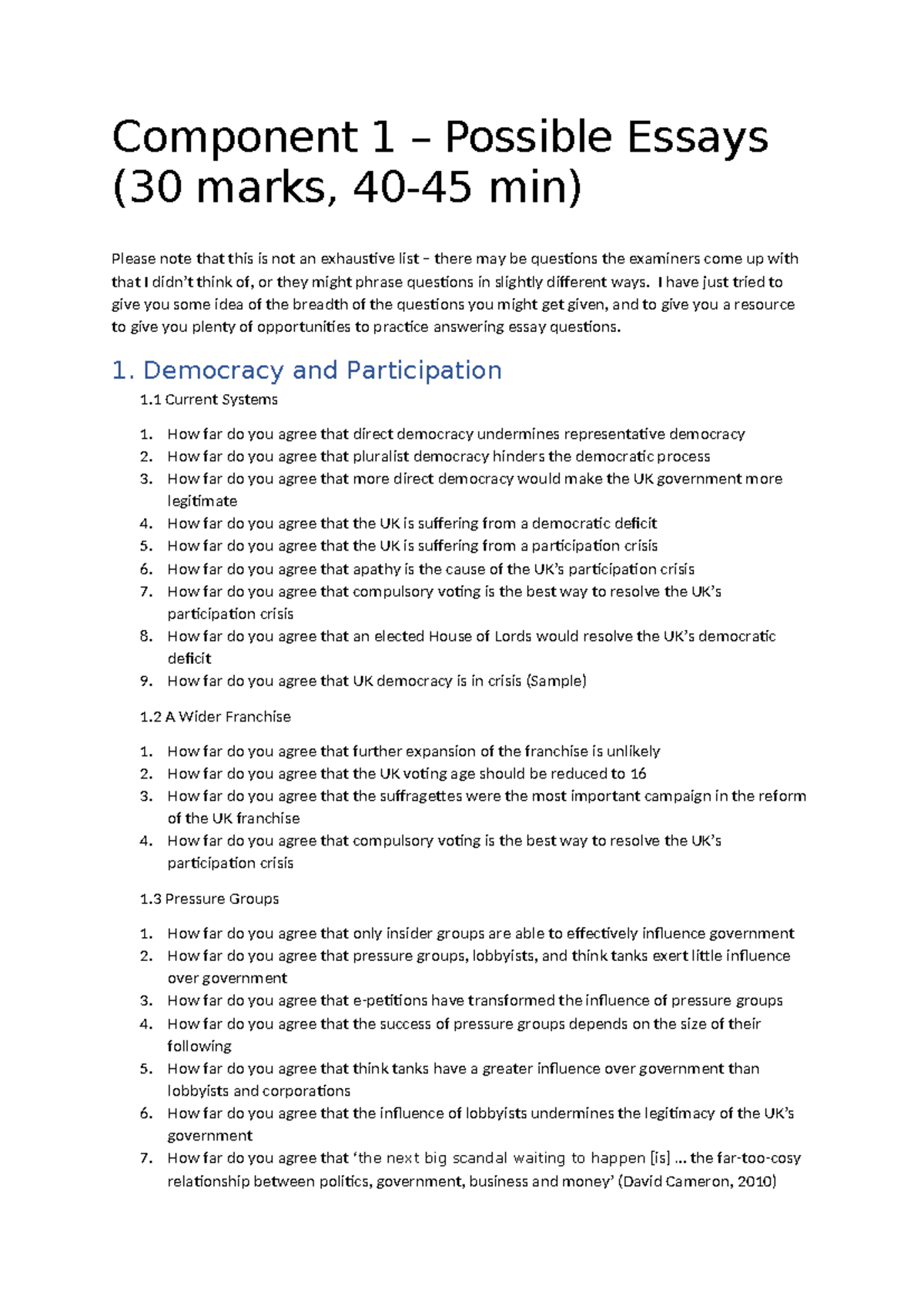Component 1 (AS) - Possible Essays - Component 1 – Possible Essays (30 ...