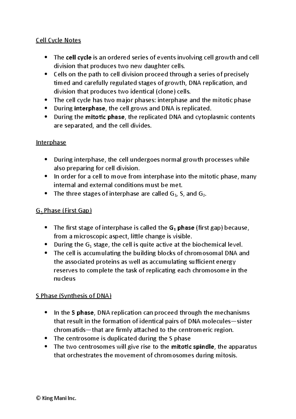 Summary - complete - Cell Cycle Notes The cell cycle is an ordered ...