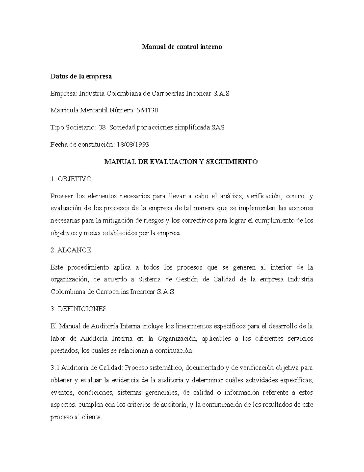 Manual de control interno - Manual de control interno Datos de la ...