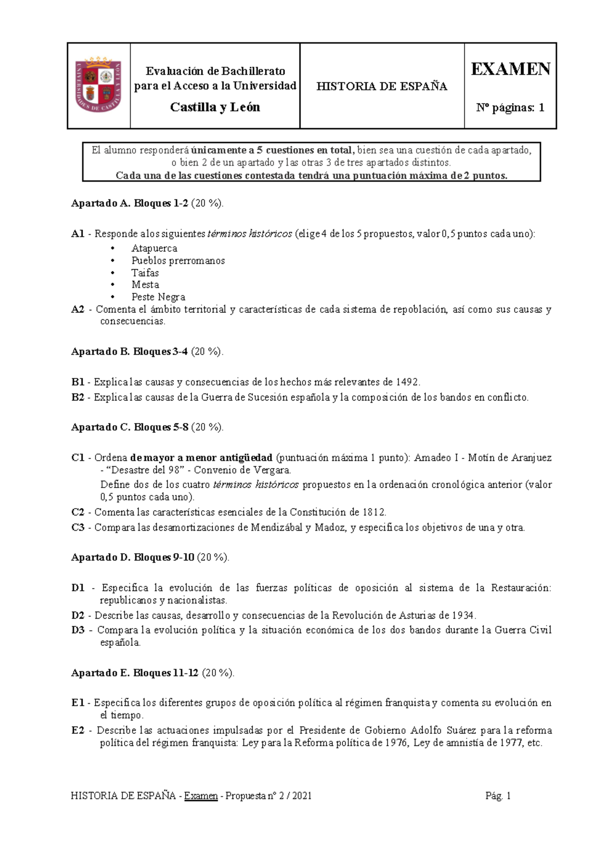 Examen Historia de España de Castilla y León Ordinaria de 2021 ...