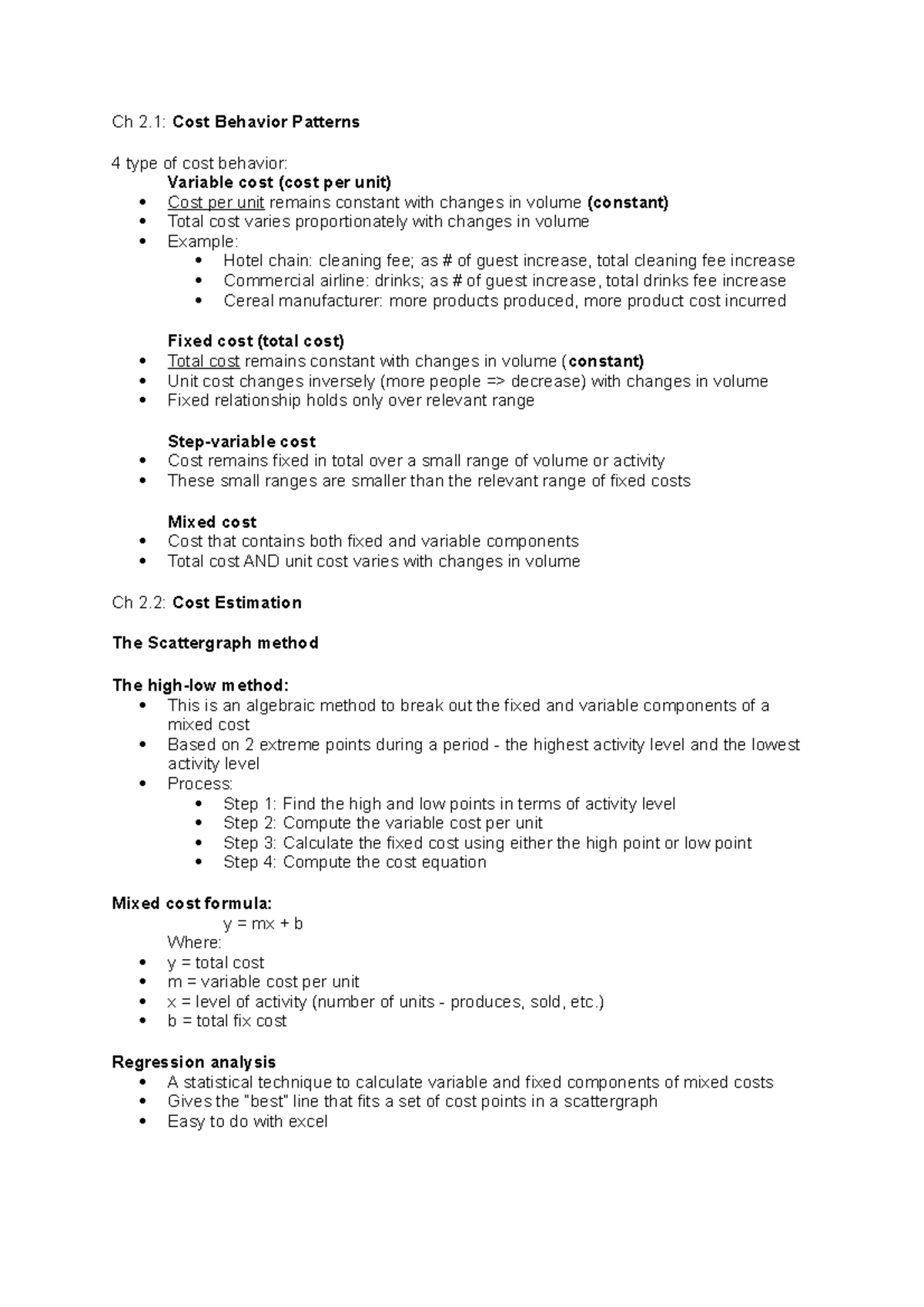 Ch 2: Cost Behavior Patterns - ) b = total fix cost Regression analysis ...