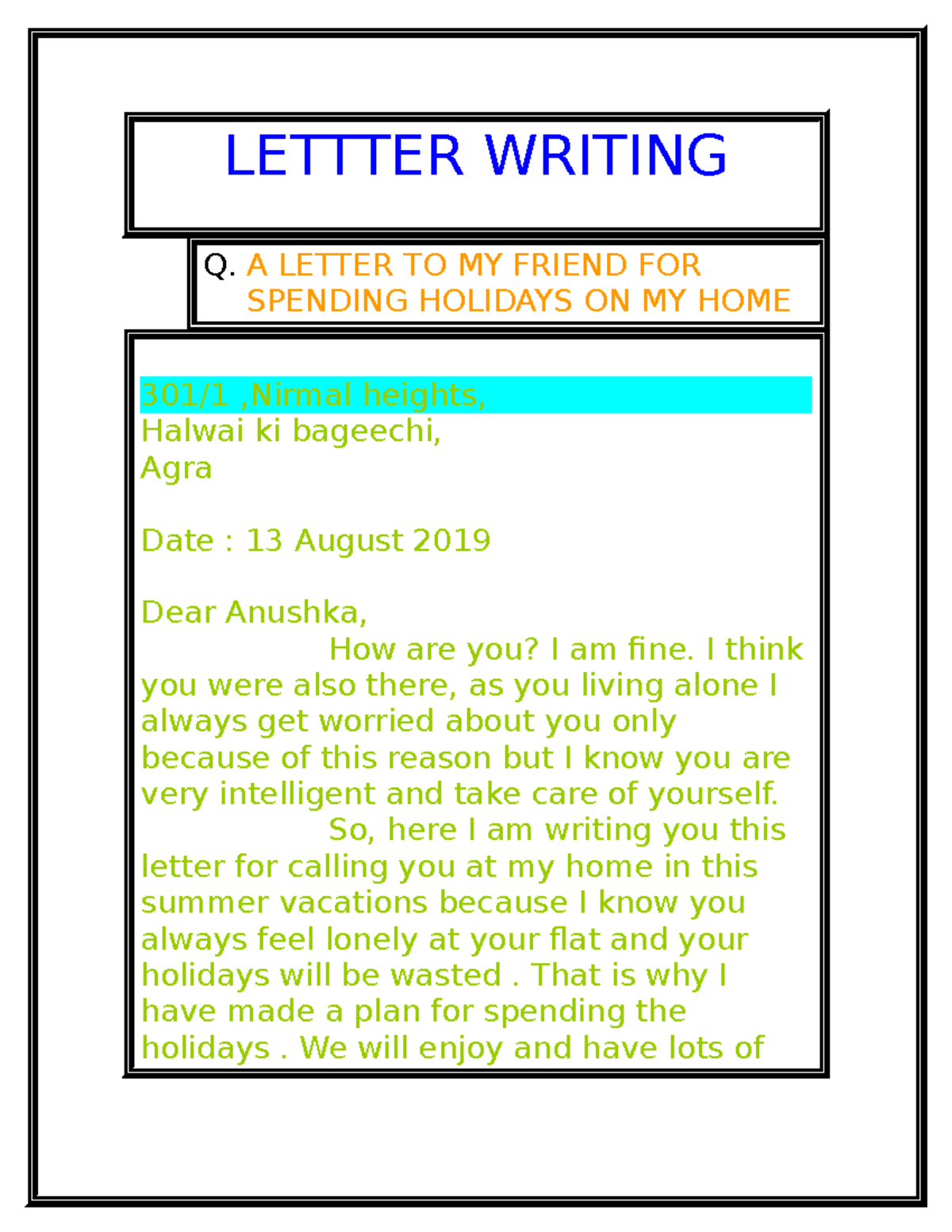 Lettter Writing - LETTTER WRITING Q. A LETTER TO MY FRIEND FOR SPENDING ...