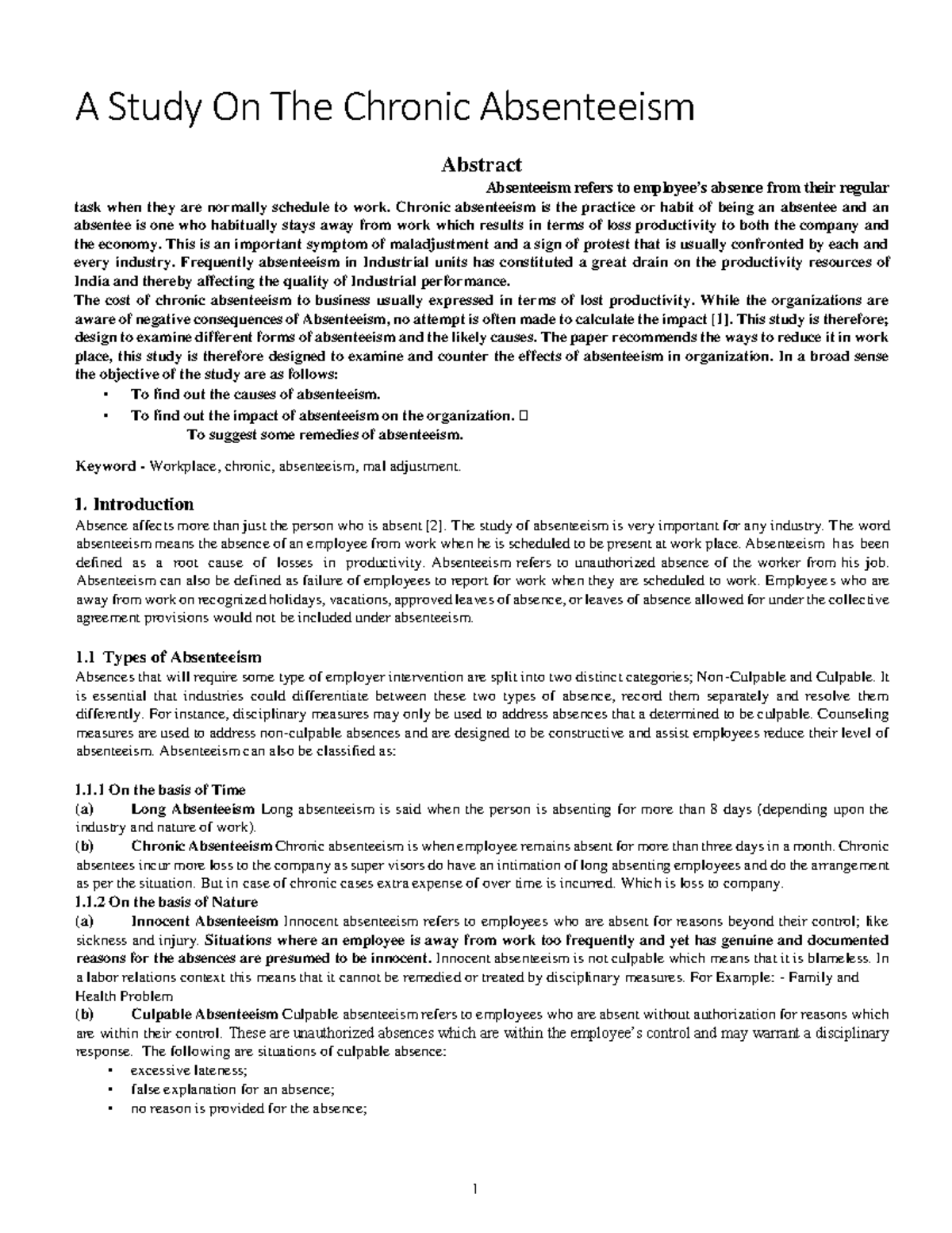 A Study On The Chronic Absenteeism - A Study On The Chronic Absenteeism ...
