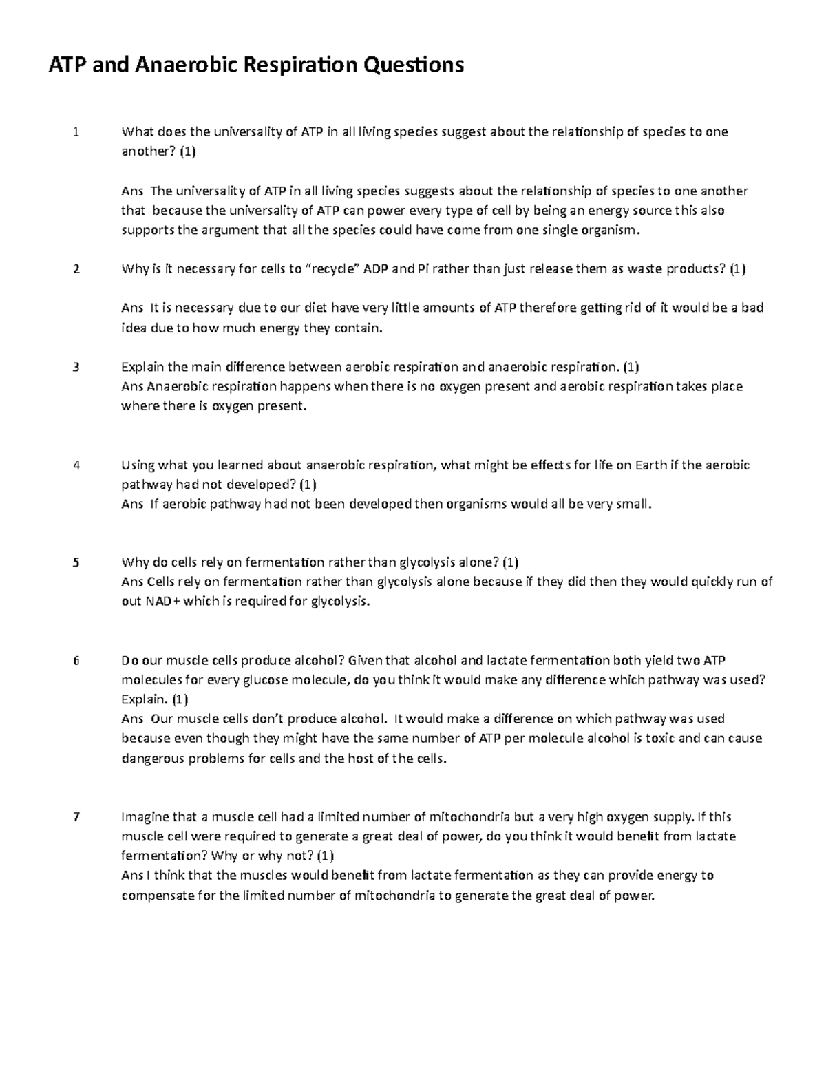 ATP and Anaerobic Respiration Questions - 2 Why is it necessary for ...