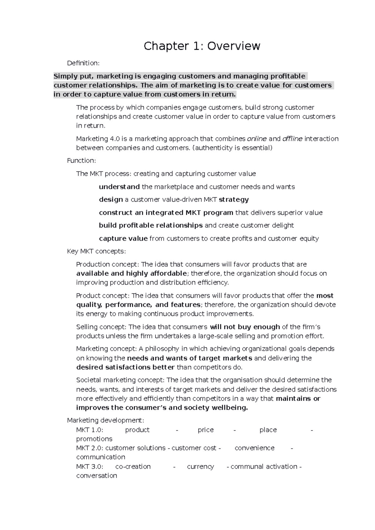 Chapter 1 - Chapter 1: Overview Definition: Simply put, marketing is ...