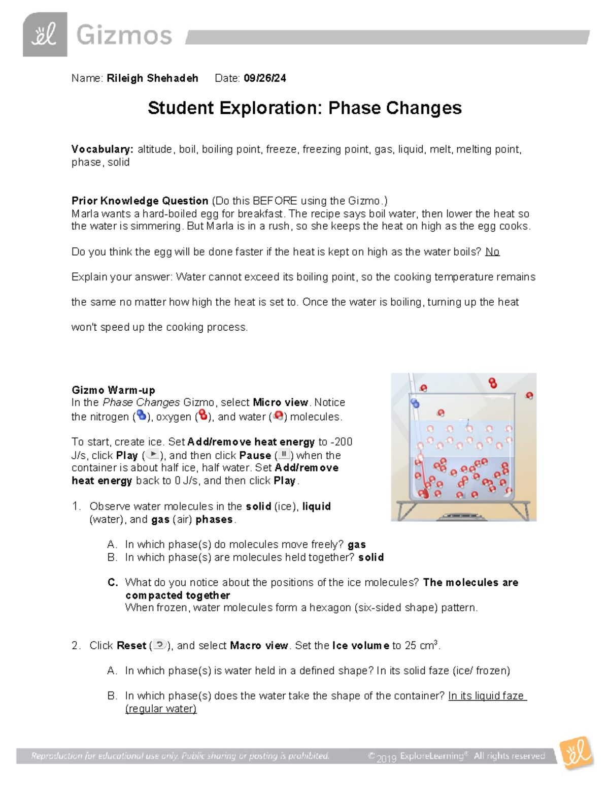 Gizmo Phase Changes S - hello - Name: Rileigh Shehadeh Date: 09/26 ...