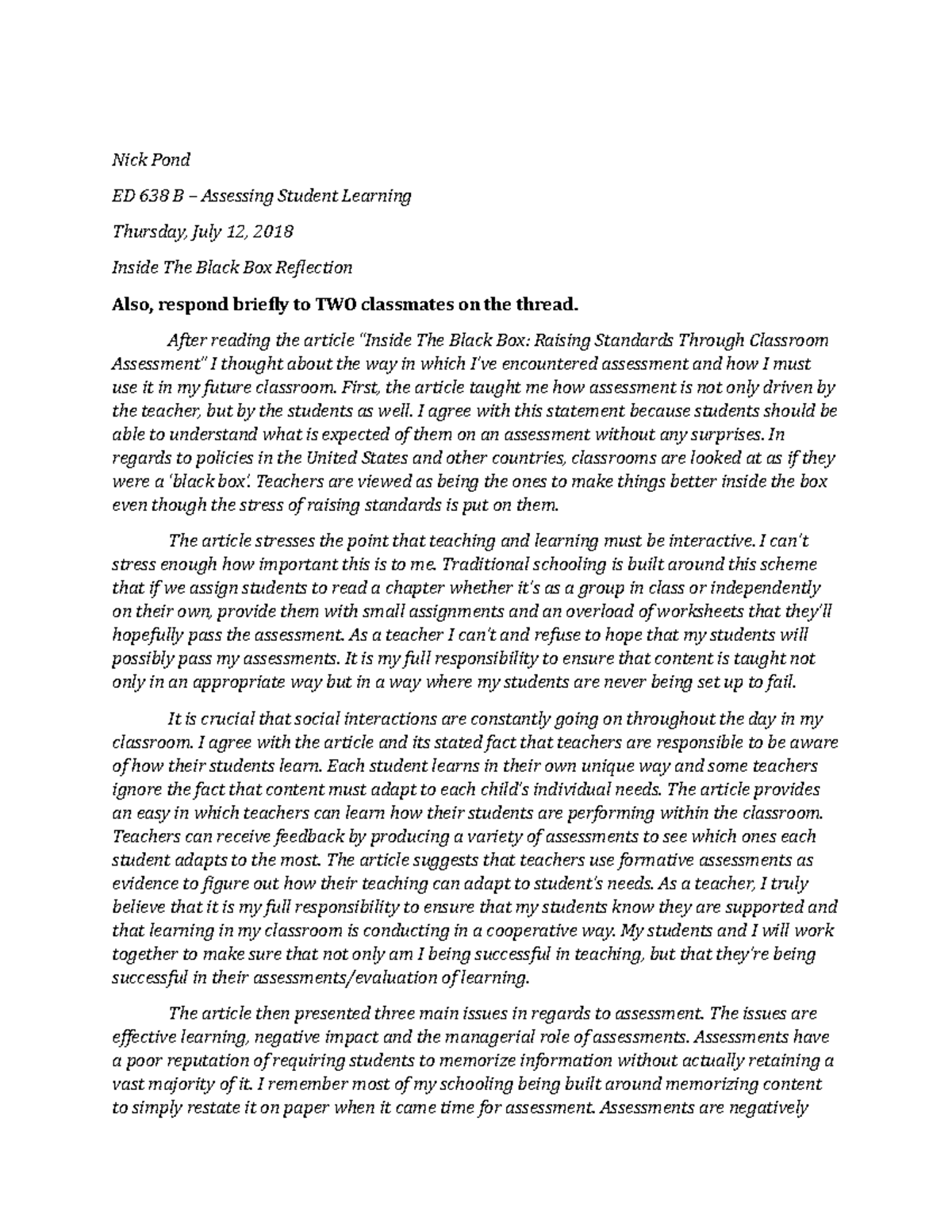 Insideblackbox reflection - Nick Pond ED 638 B – Assessing Student ...