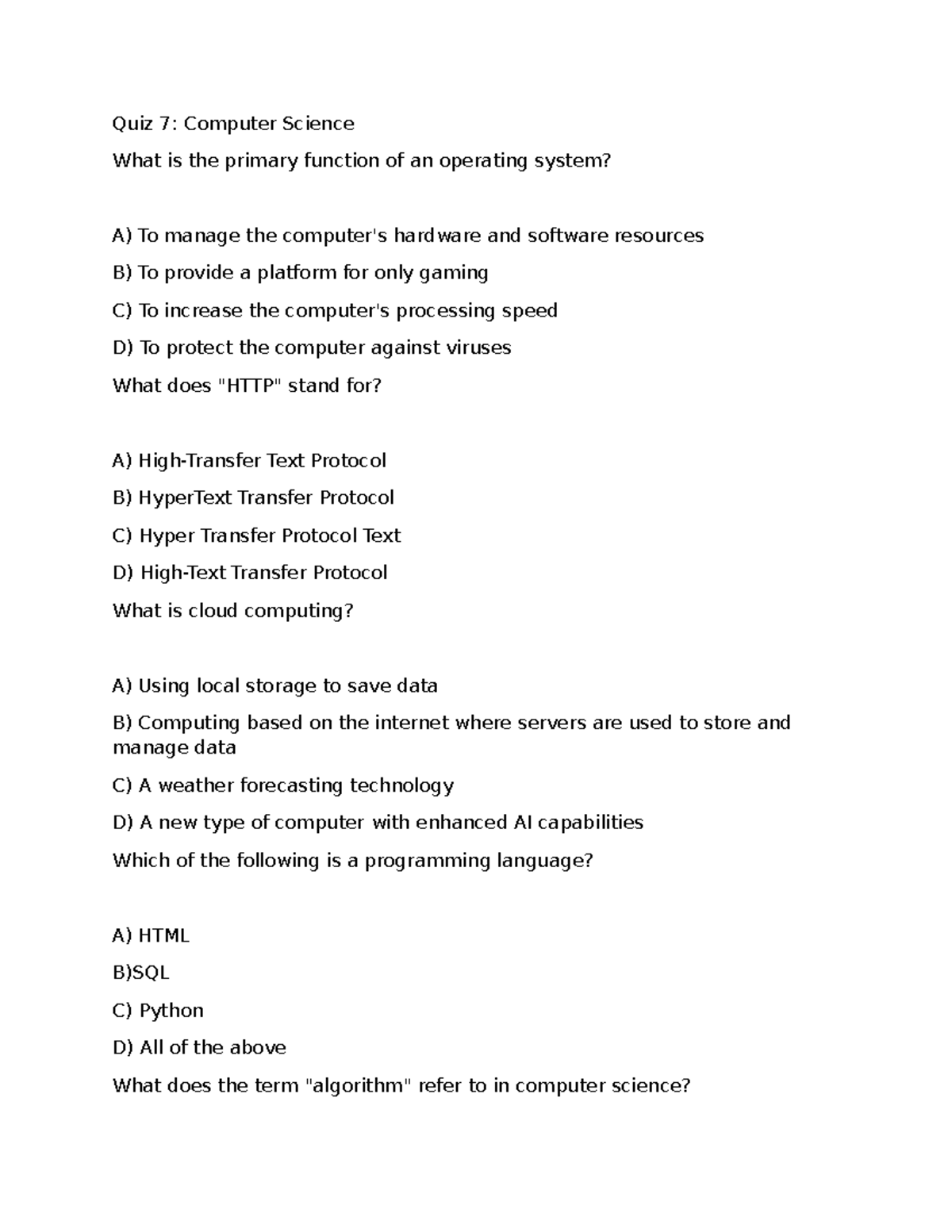 Computer Science Quiz Quiz 7 Computer Science What Is The Primary Function Of An Operating
