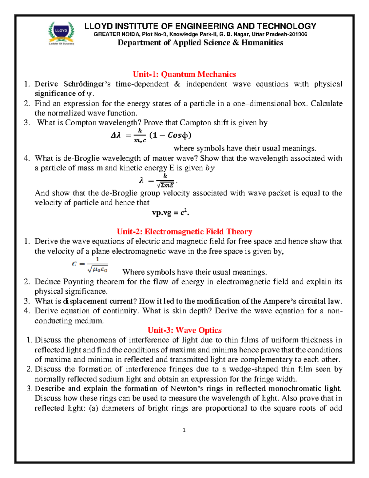 Engg. Physics Important Question - LLOYD INSTITUTE OF ENGINEERING AND TECHNOLOGY GREATER NOIDA ...