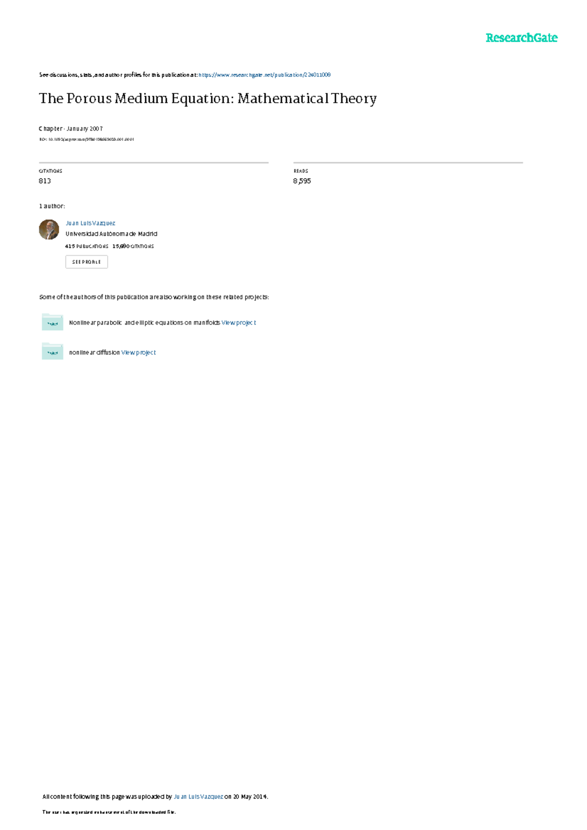 The Porous Medium Equation Mathematical Theory - See discussions, stats ...