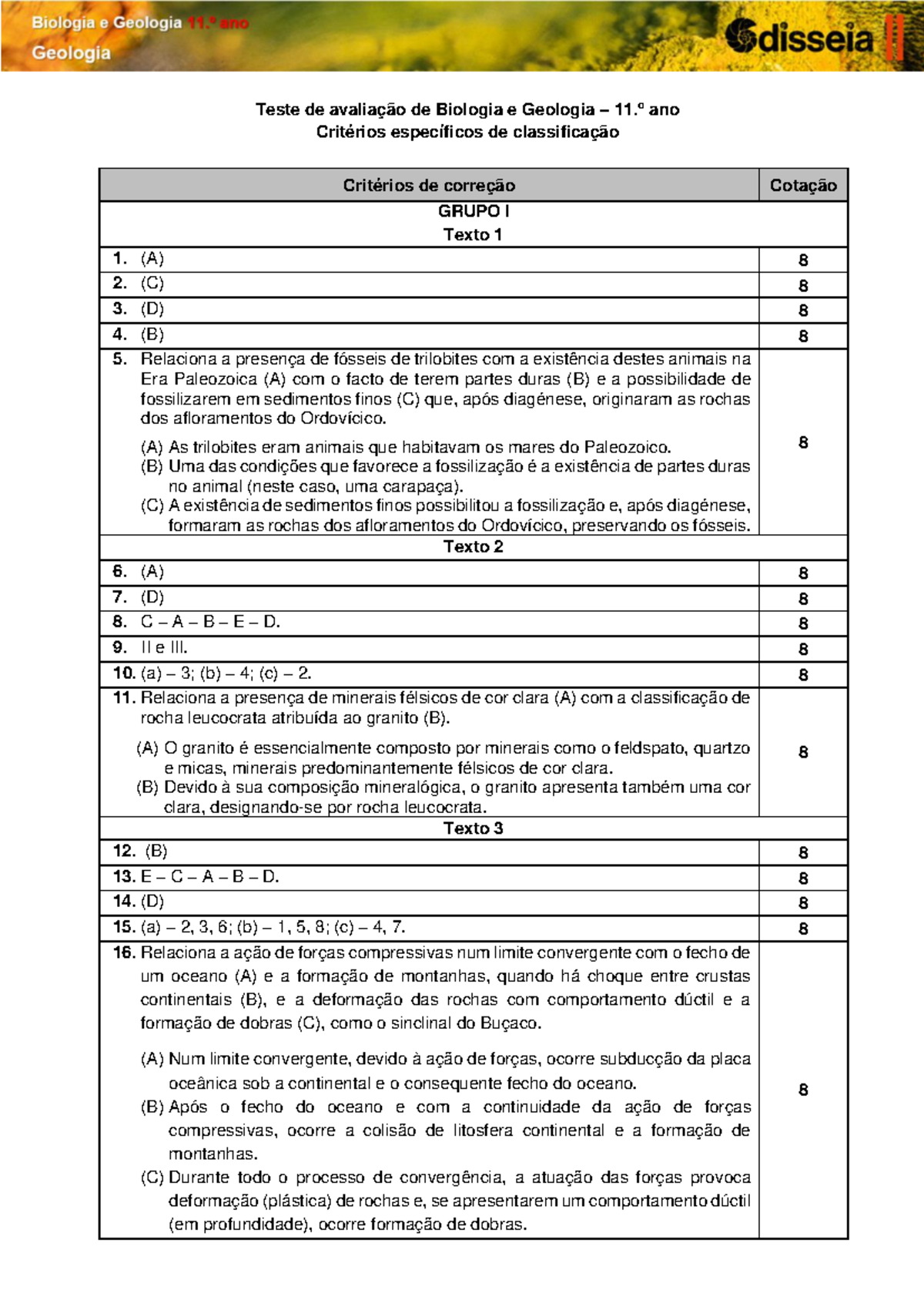 Odisseias 11 - teste rochas - Teste de avaliação de Biologia e Geologia ...