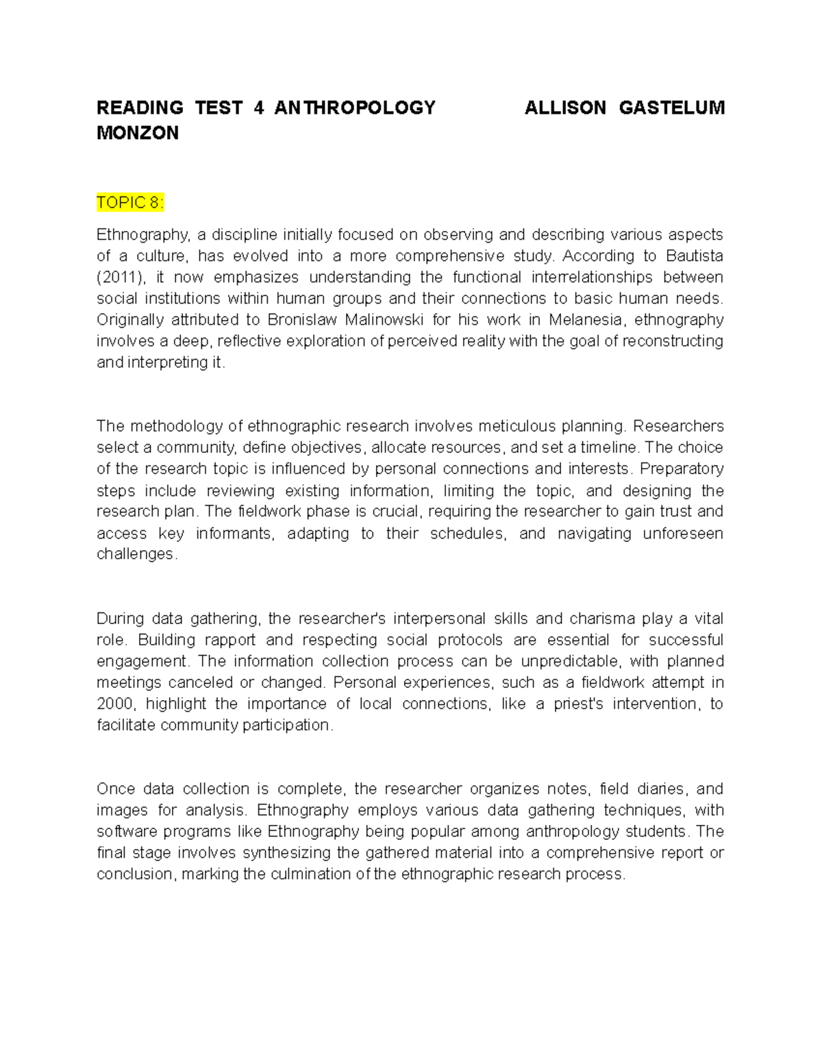 Reading TEST 4 Anthropology - READING TEST 4 ANTHROPOLOGY ALLISON ...