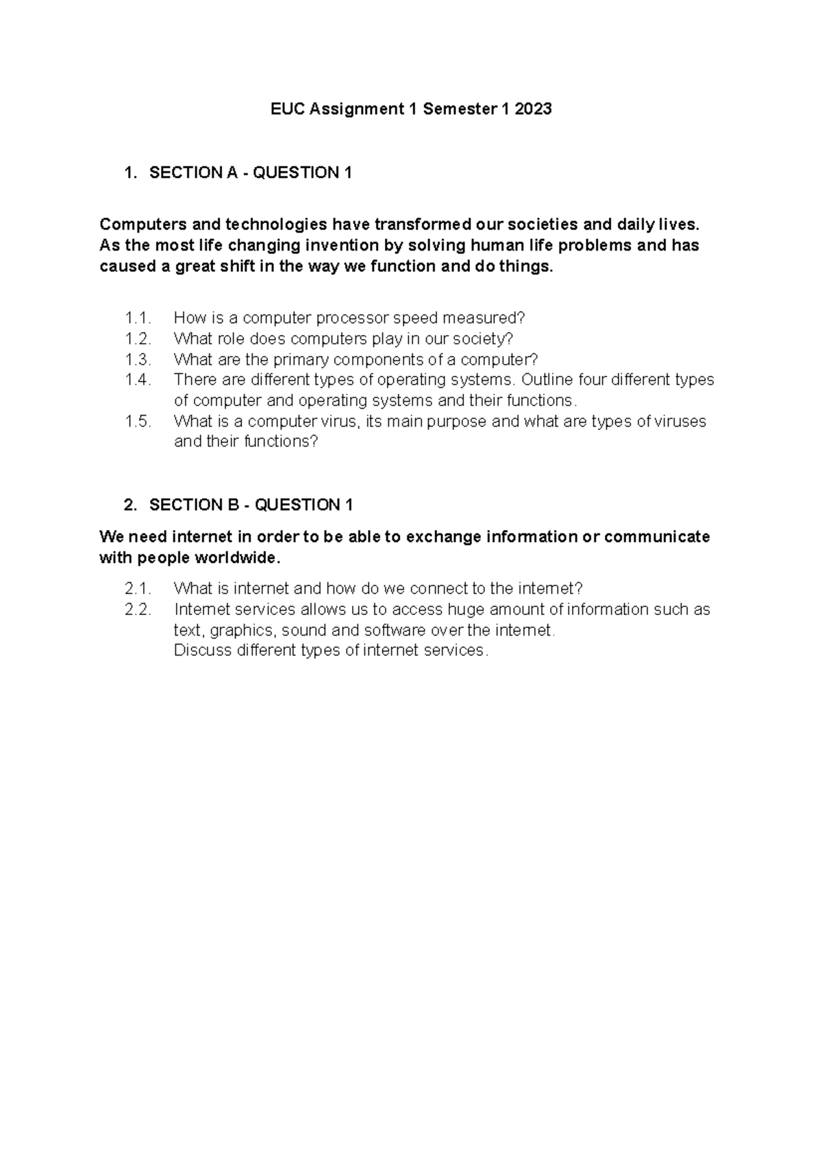 EUC Assignment 2023 - EUC Assignment 1 Semester 1 2023 1. SECTION A ...