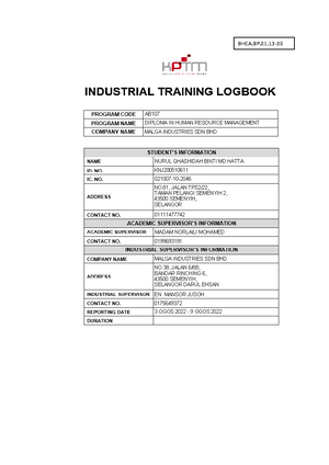 Sample LI Report Guideline-V2 - INDUSTRIAL TRAINING REPORT Prepared by ...