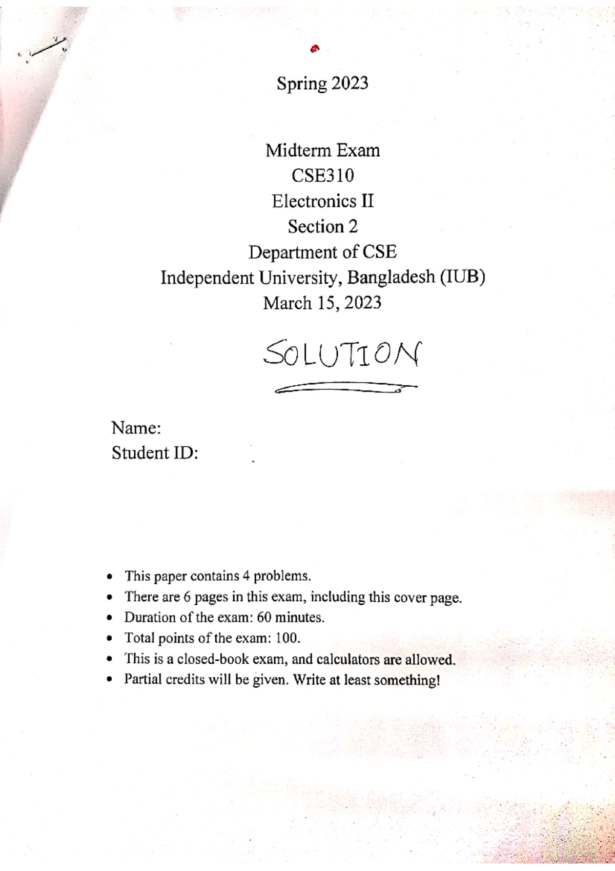CSE310 2 FZ S23 midterm exam Solution - Electronics I - Studocu