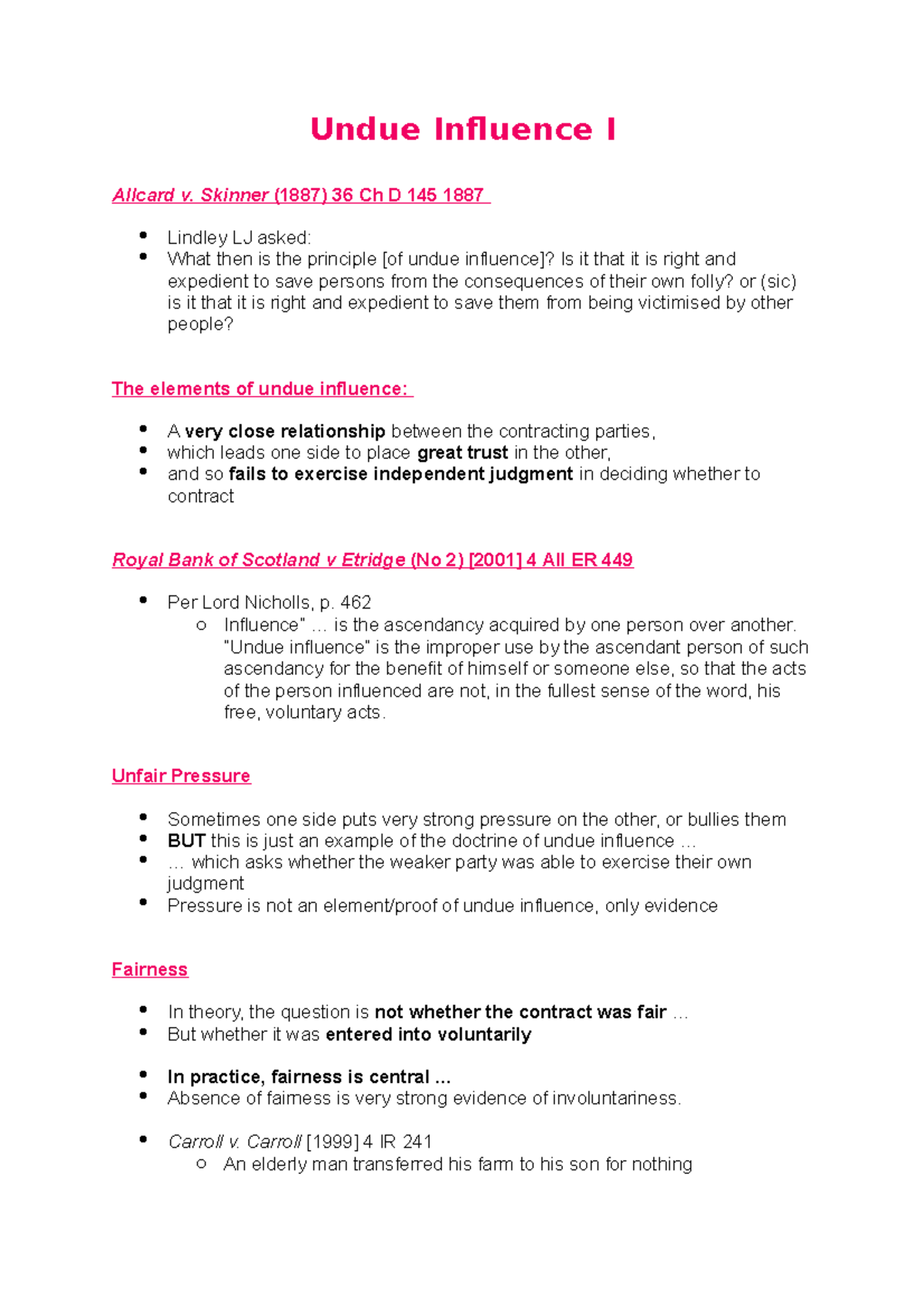 Undue Influence I - Undue Influence I Allcard v. Skinner (1887) 36 Ch D ...