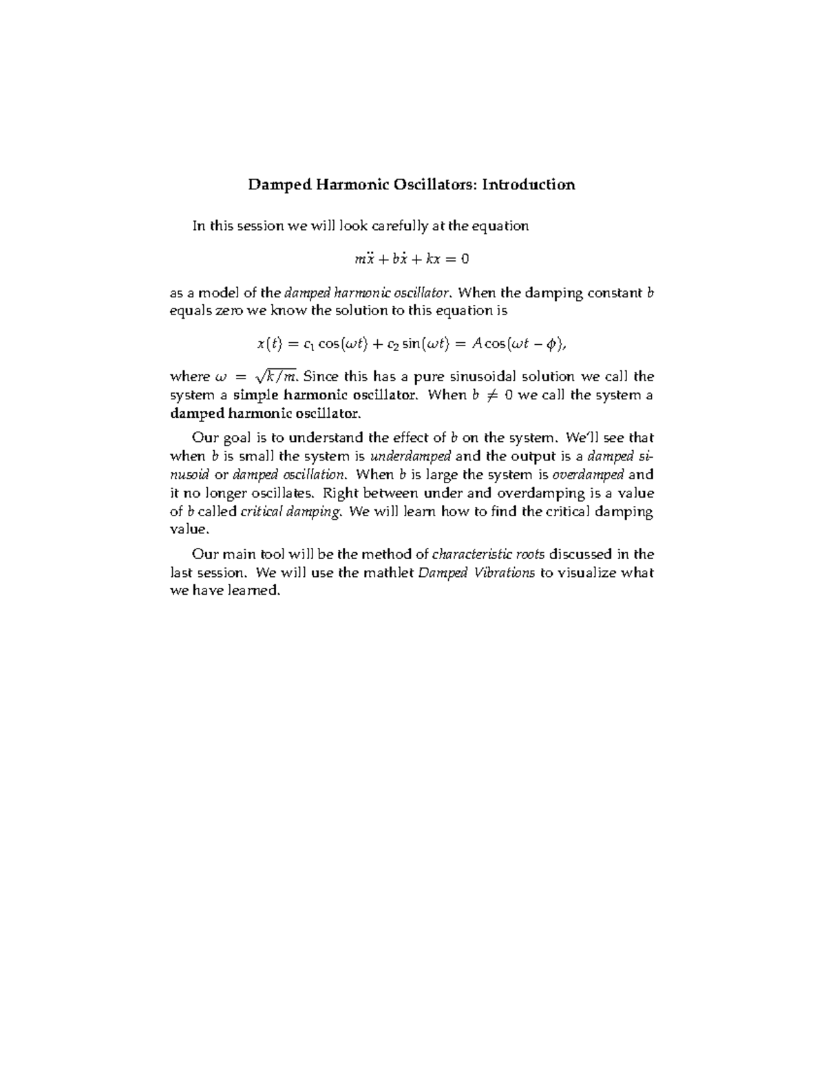MIT18 03SCF11 s13 0intro - Damped Harmonic Oscillators: Introduction In ...